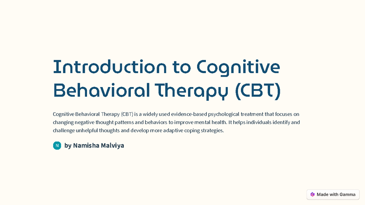 Introduction to Cognitive Behavioral Therapy CBT - Introduction to ...