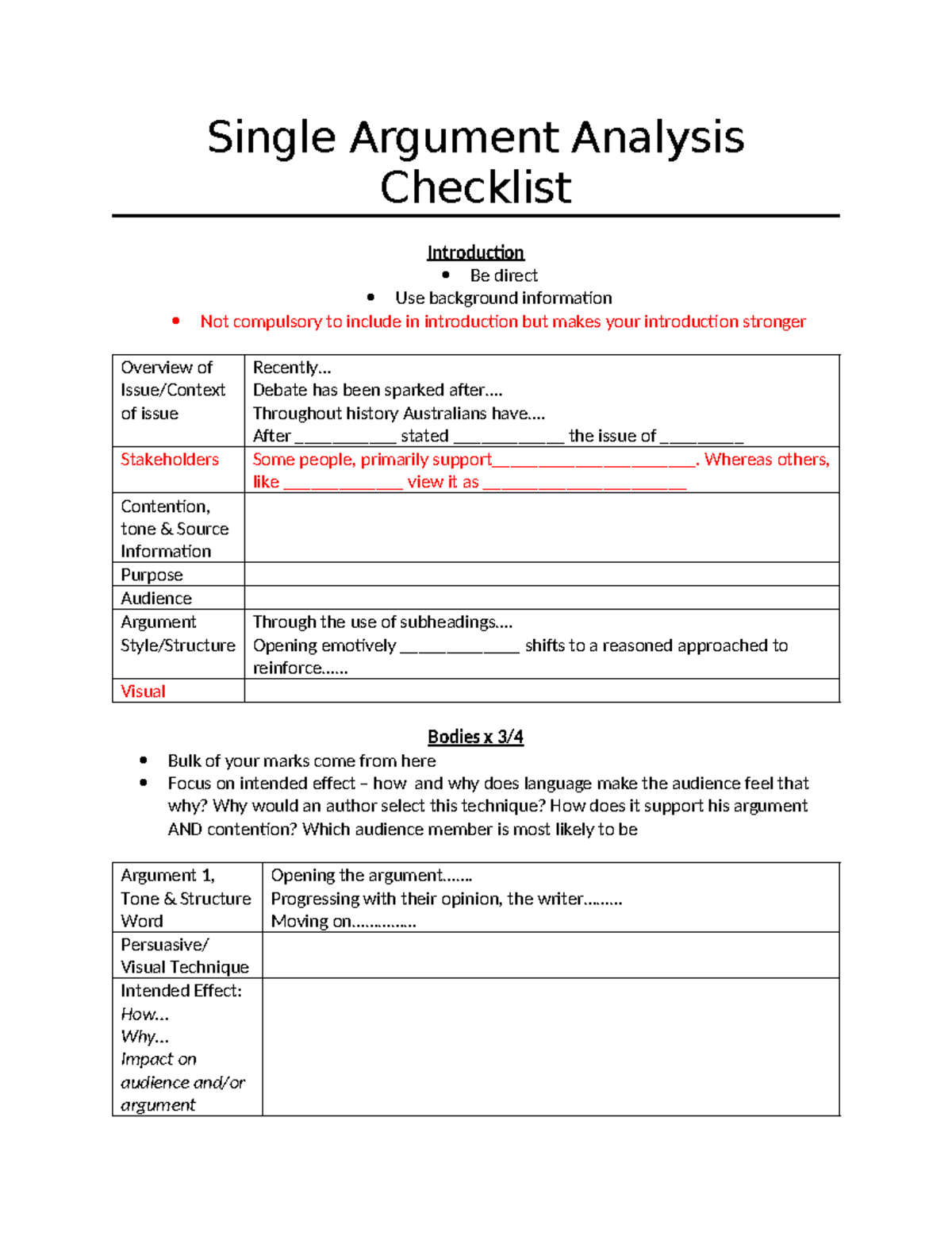 Single Argument Analysis Checklist Single Argument Analysis Checklist Introduction Be Direct 
