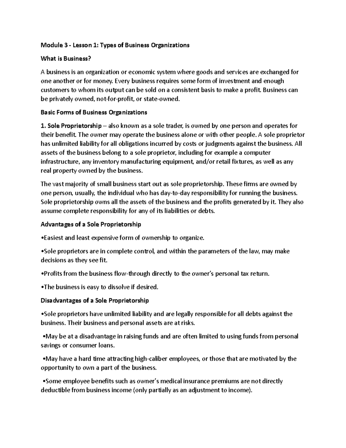 Health econ module 3 reviewer - Module 3 - Lesson 1: Types of Business ...