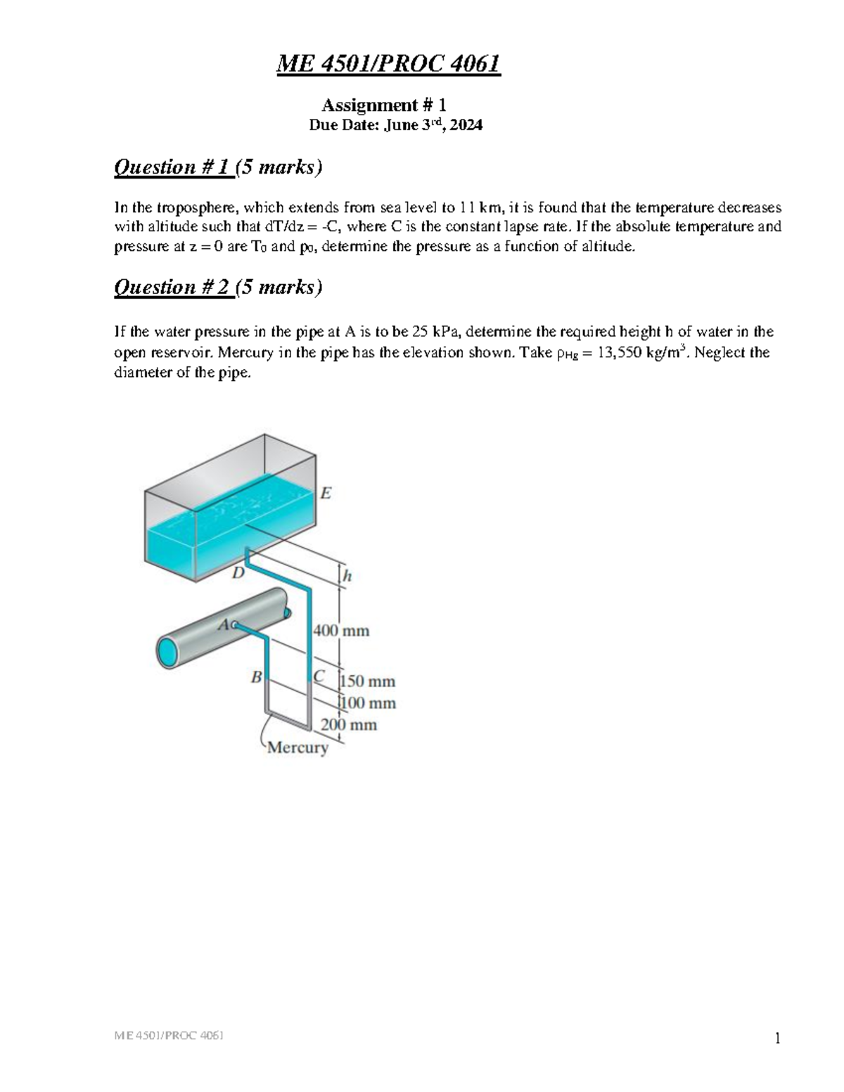 Assignment 1 - ME 4501 and PROC 4061 - 2024 - ME 4501 /PROC 4061 ME 4501 /PROC 4061 Assignment ...