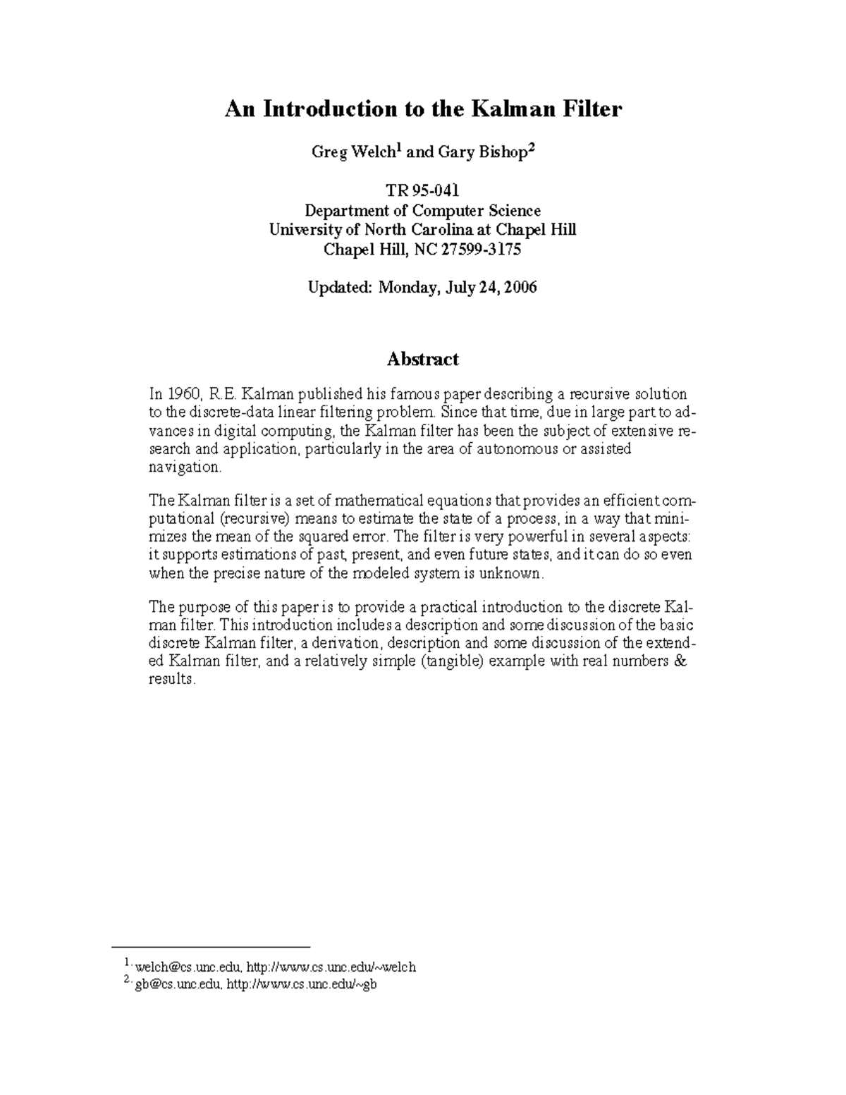 An Introduction to the Kalman Filter - Kalman published his famous ...