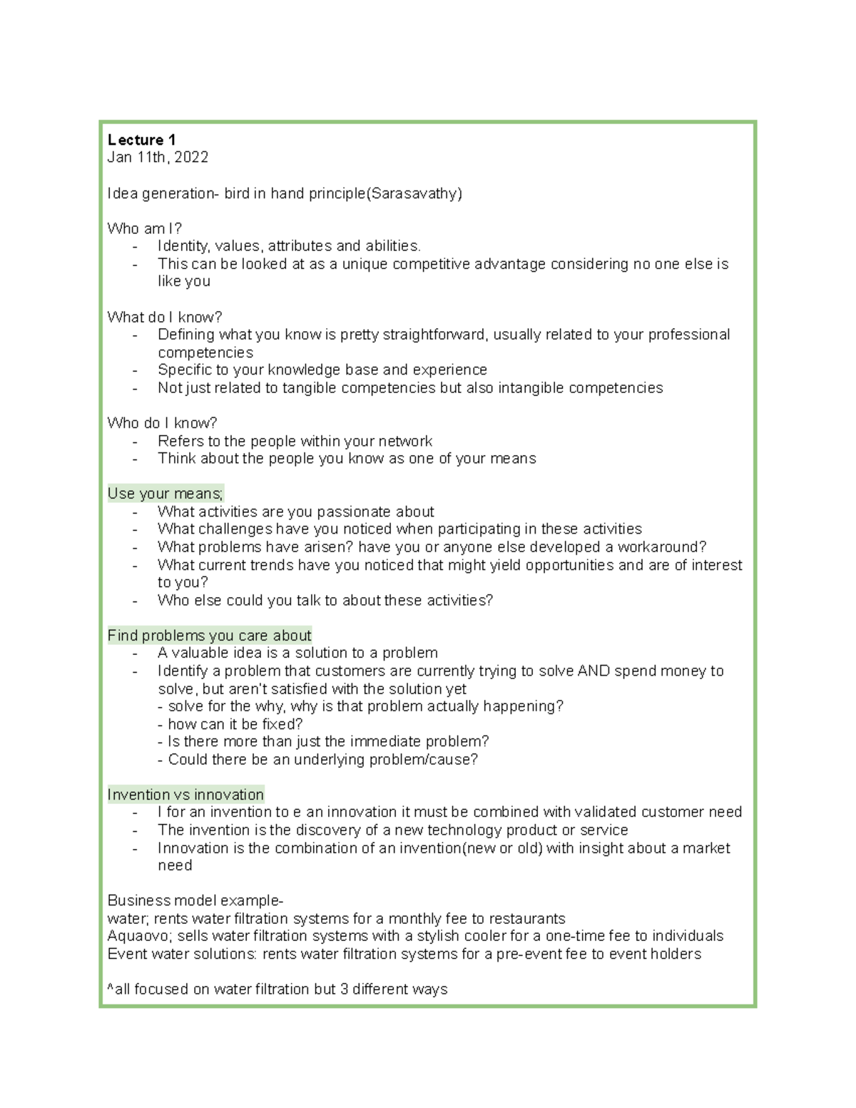 Lecture notes - Lecture 1 Jan 11th, 2022 Idea generation- bird in hand ...