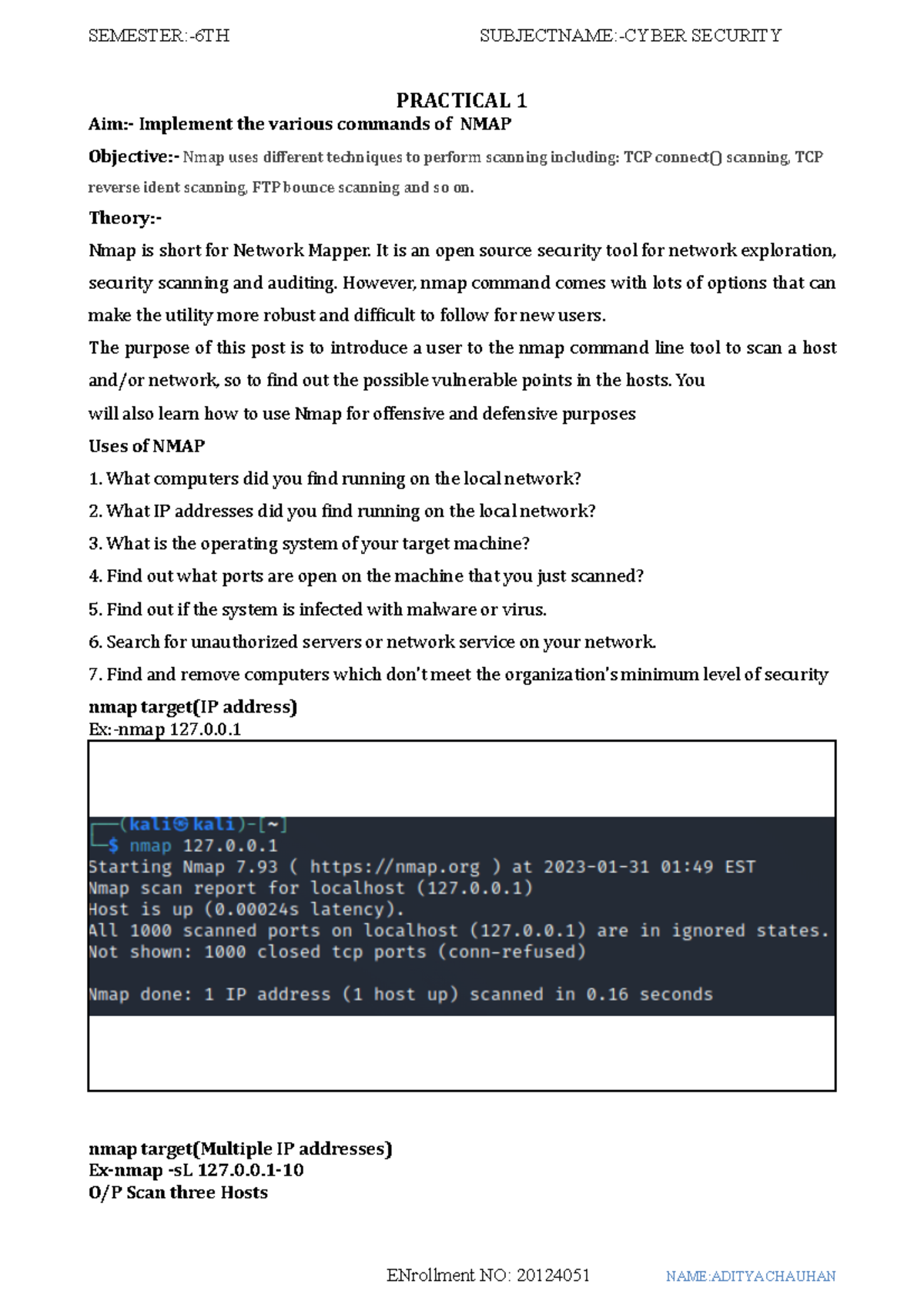Cs Practical 01 Practical 1 Aim Implement The Various Commands Of Nmap Objective Nmap Uses 