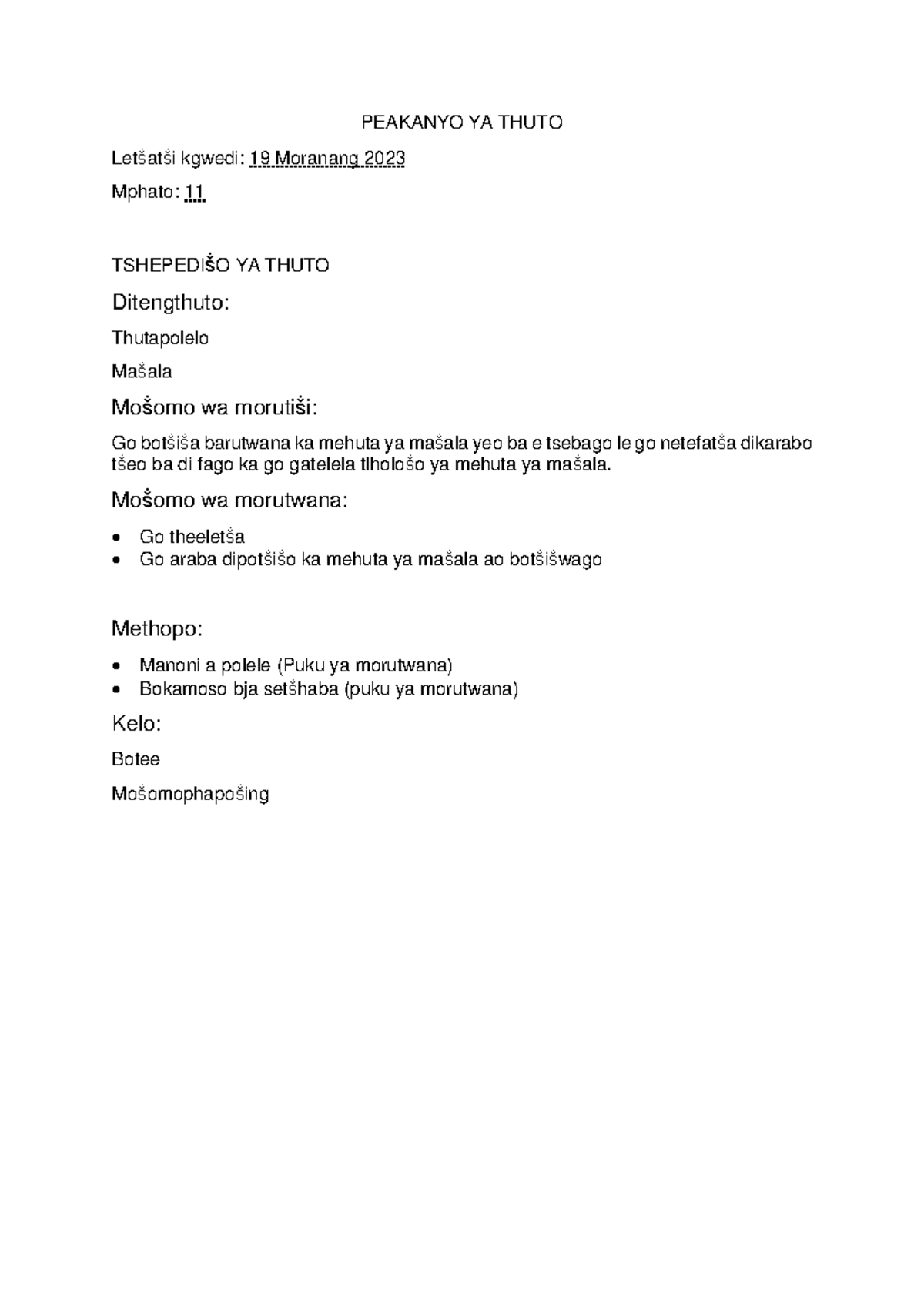 Peakanyo thuto (lesson plan) - PEAKANYO YA THUTO Letṧatṧi kgwedi: 19 ...