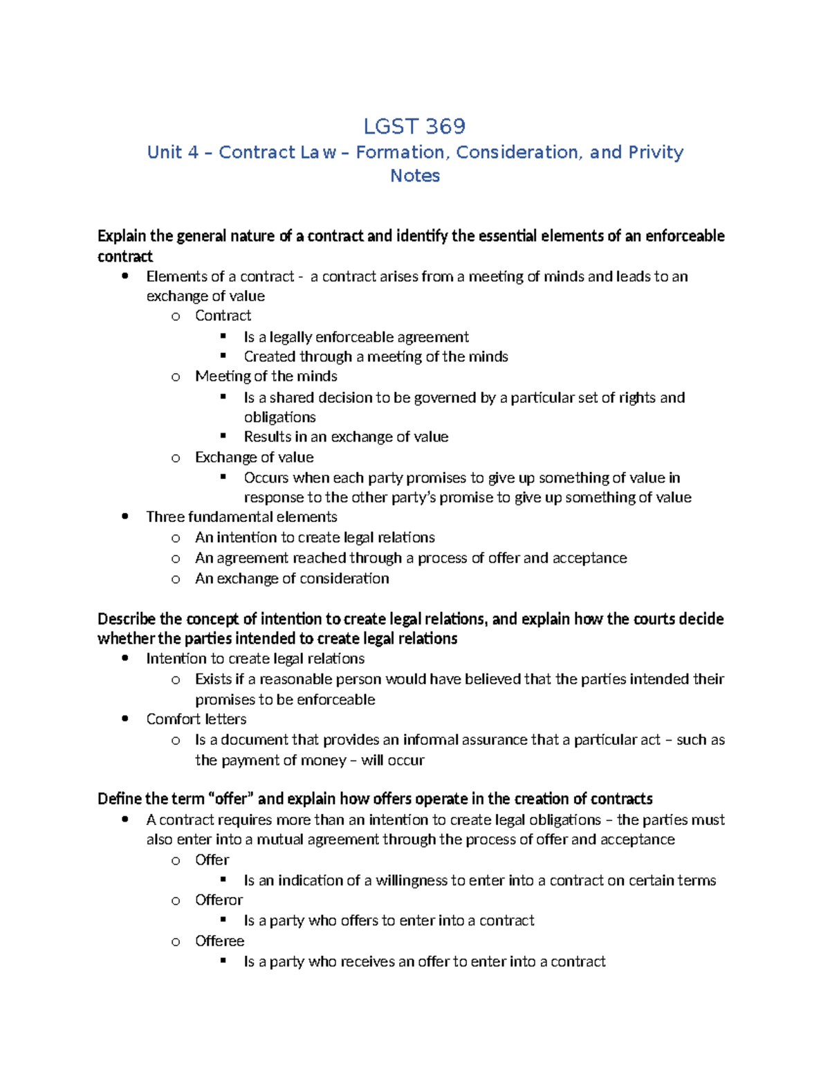 Unit 4 – Contract Law – Formation, Consideration, and Privity - LGST ...