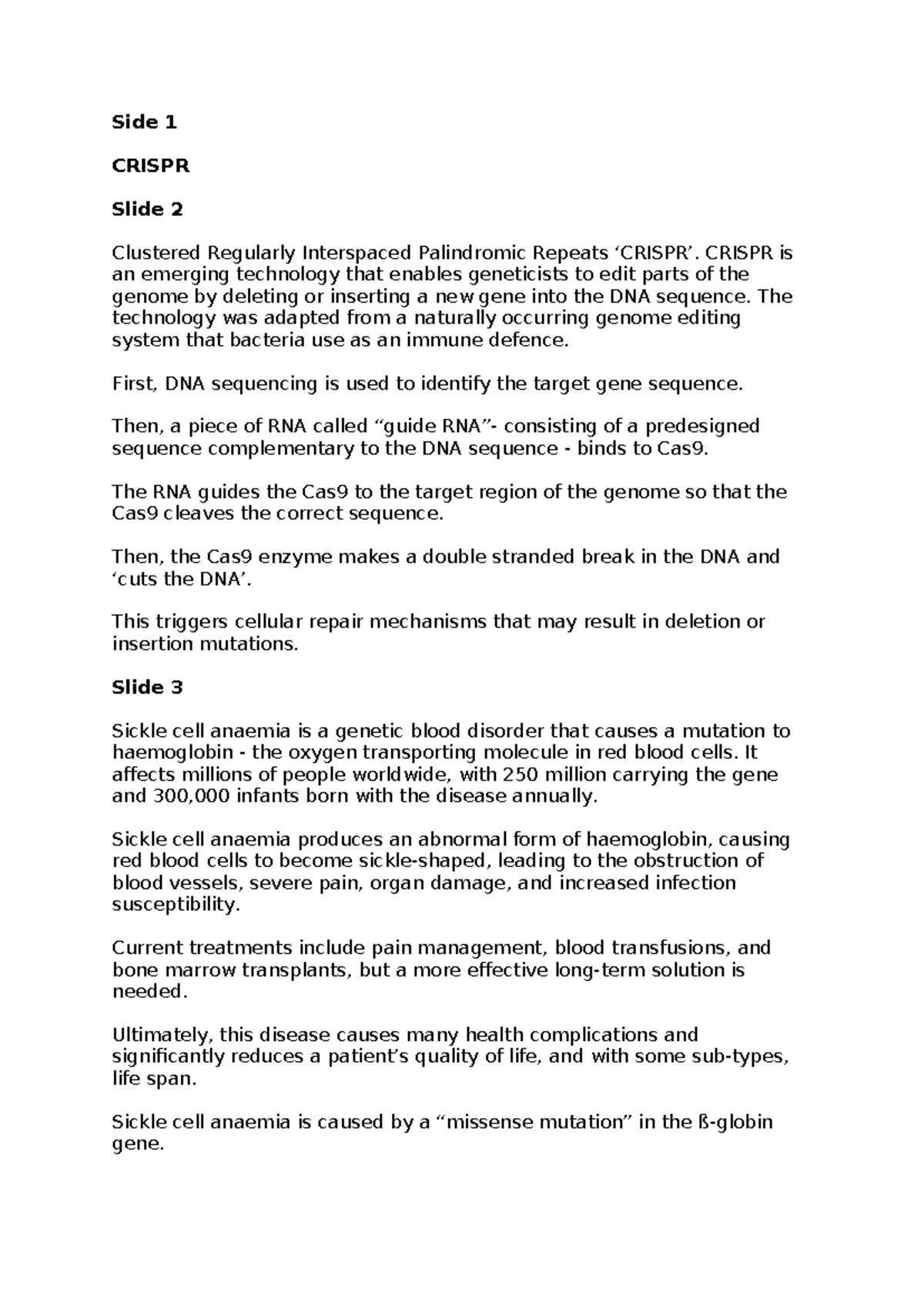 Sickle Cell Anaemia Final Script - Side 1 CRISPR Slide 2 Clustered ...