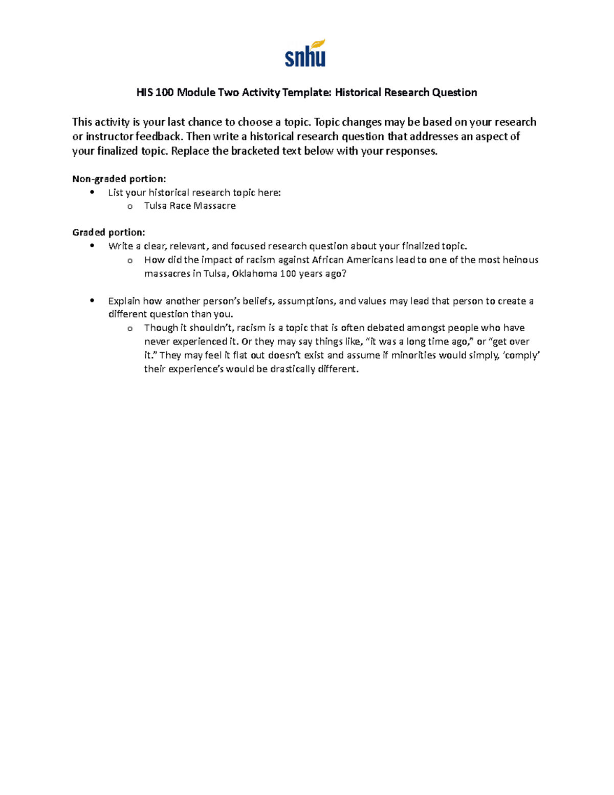 HIS 100 Module Two Activity Research Question Template - HIS 100 Module ...