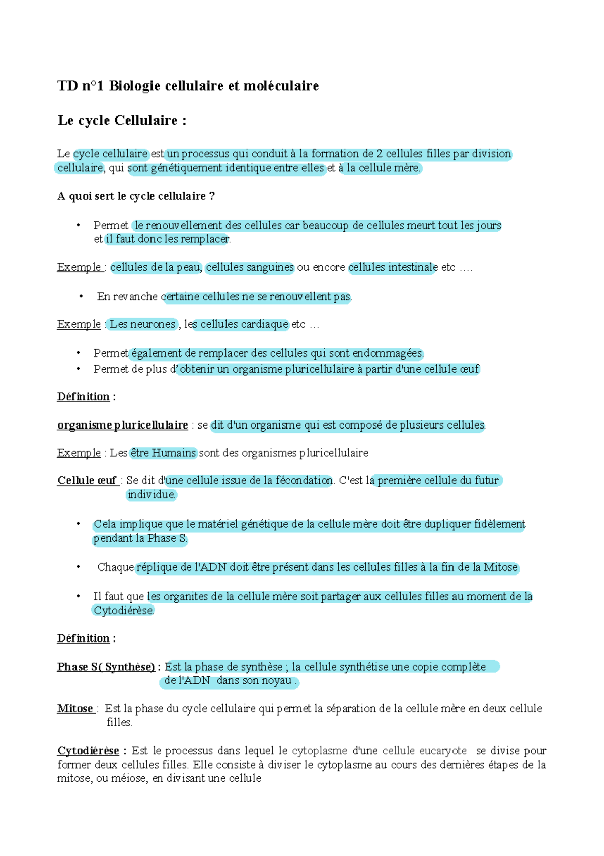TD 1 Mitose - TD n°1 Biologie cellulaire et moléculaire Le cycle Cellulaire : Le cycle ...