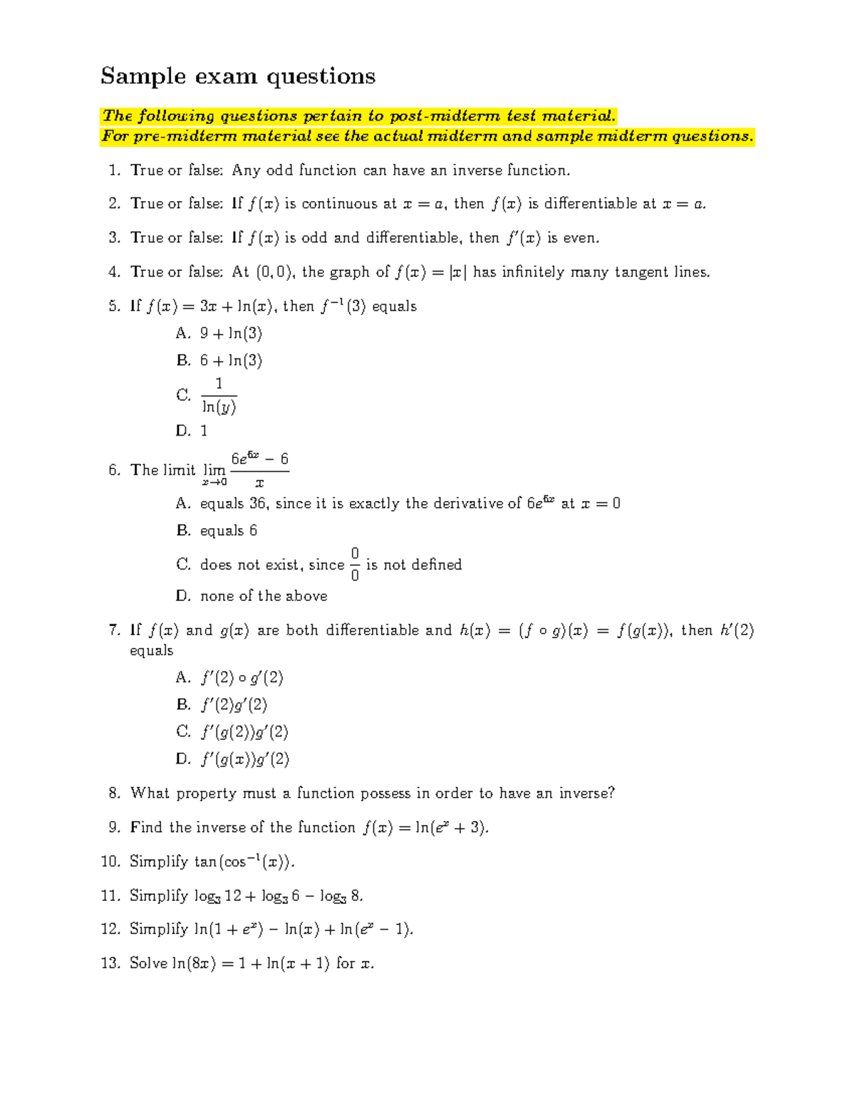 Sample Exam Qs - Sample exam questions The following questions pertain ...