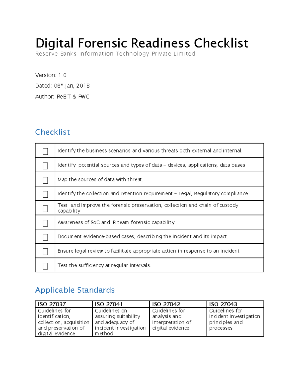 Digital Forensic Readiness Checklist - Digital Forensic Readiness ...