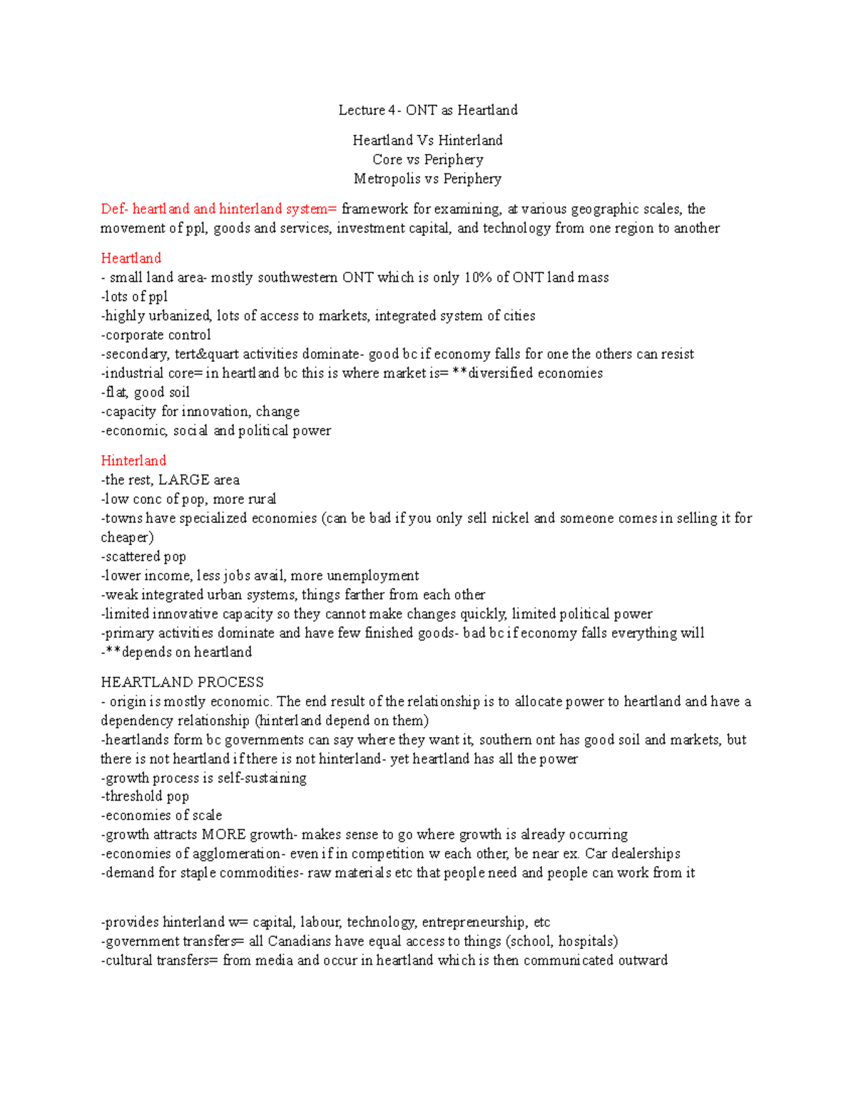Lecture 4- Heartland vs Hinterland - Lecture ONT as Heartland Heartland ...