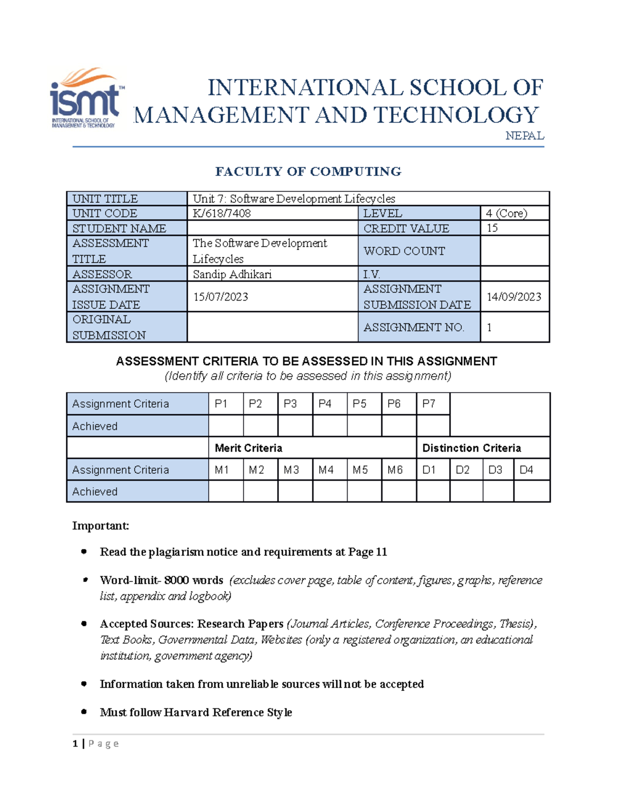 SDLC Assignment 01 - INTERNATIONAL SCHOOL OF MANAGEMENT AND TECHNOLOGY ...