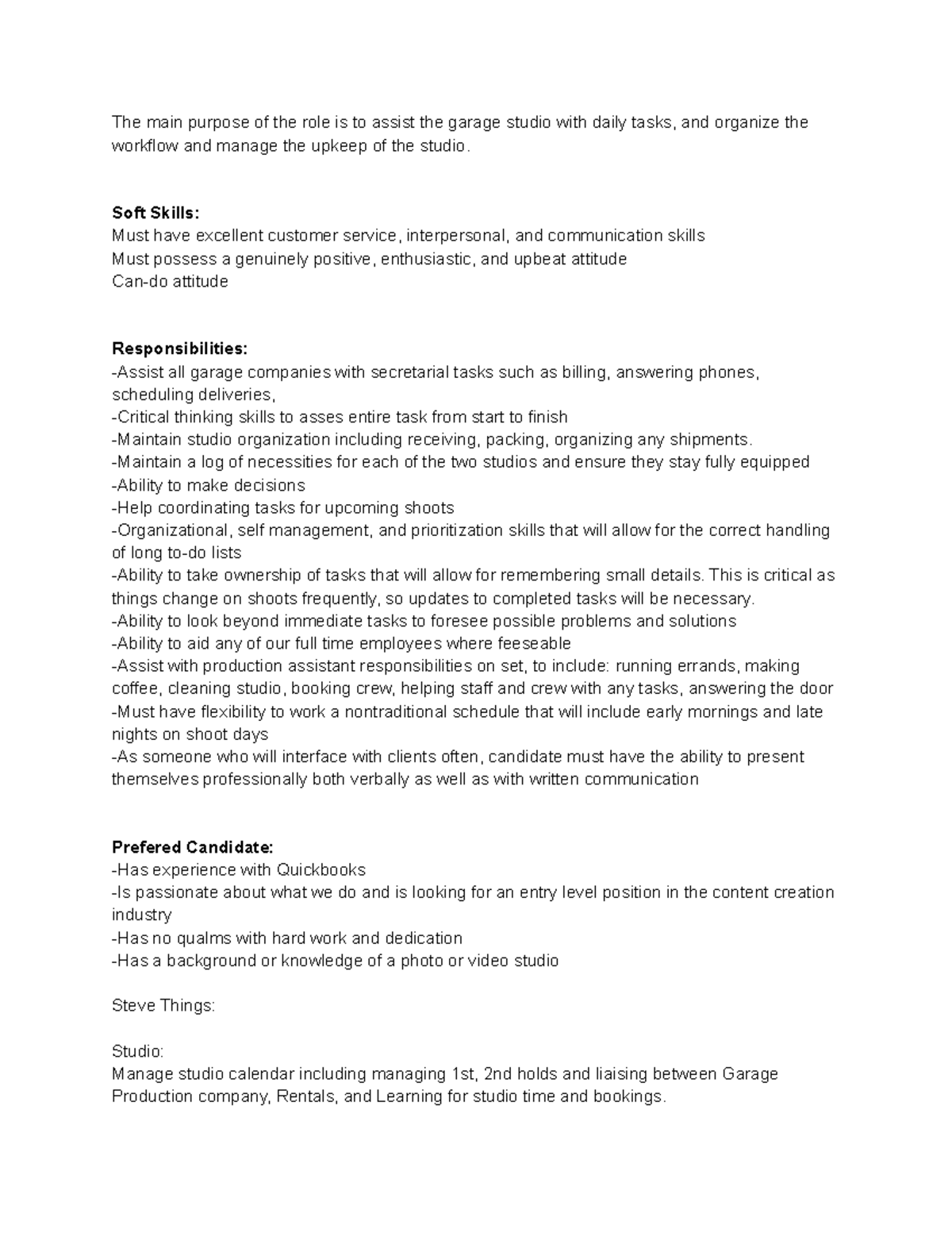 Studio Manager Doc - The main purpose of the role is to assist the ...