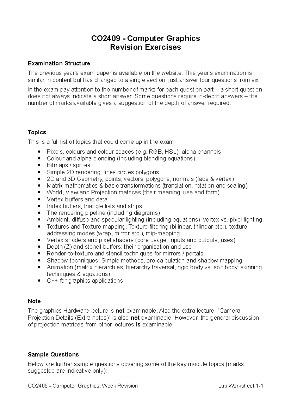 CO2409-22 Lab Worksheet - CO2409 - Computer Graphics Revision Exercises ...