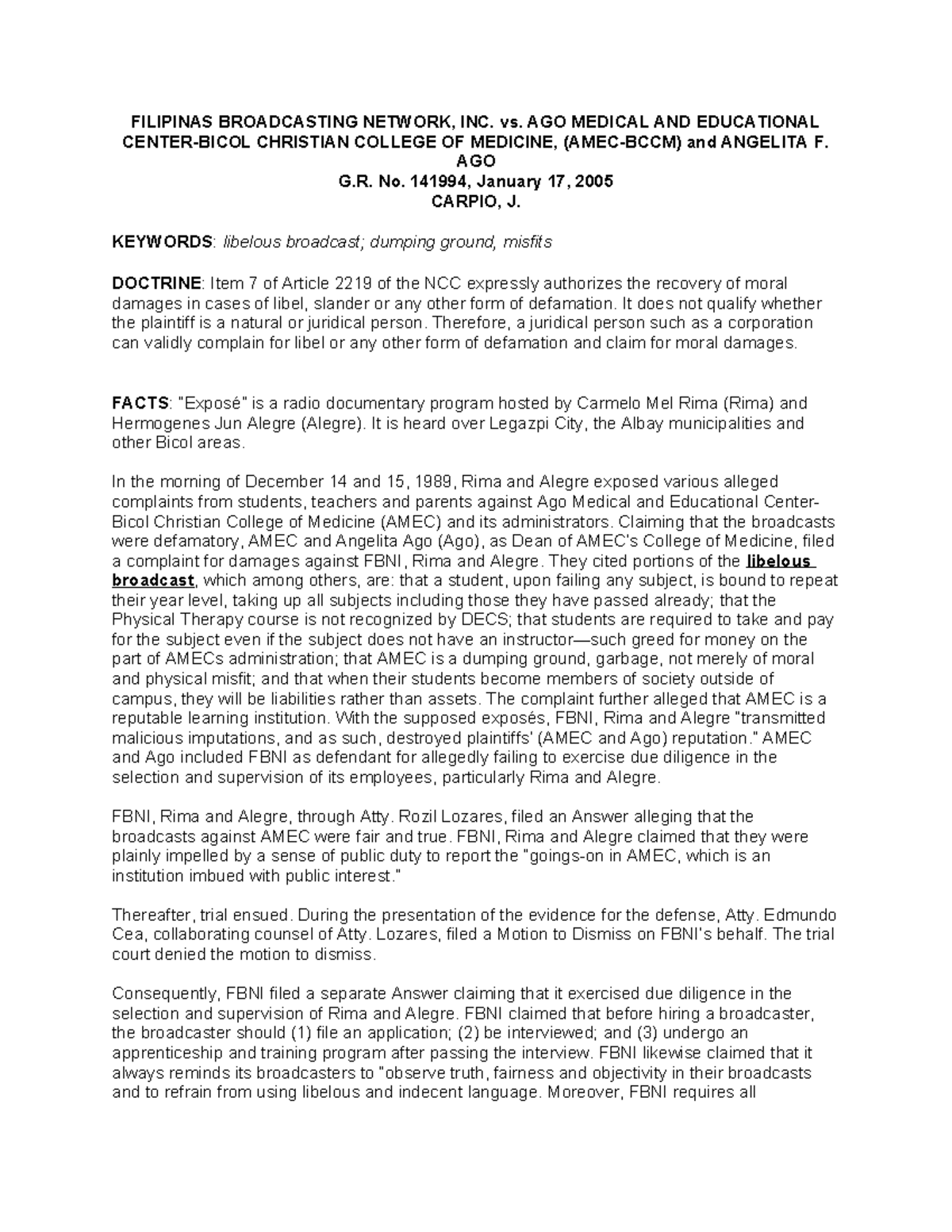 Sample-case-digest - ........ - FILIPINAS BROADCASTING NETWORK, INC. vs ...