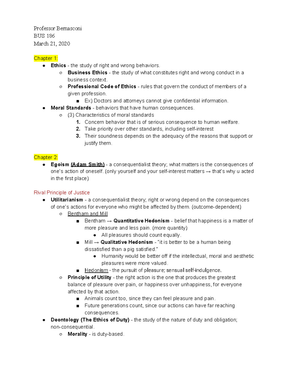 Bus 186 Exam 1 Study Guide BUS 186 March 21 2020 Chapter 1 Ethics