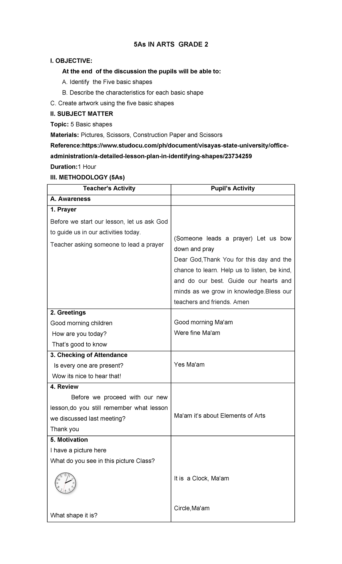 ARTS- Lesson-PLAN - Lesson plan in arts - 5As IN ARTS GRADE 2 l ...