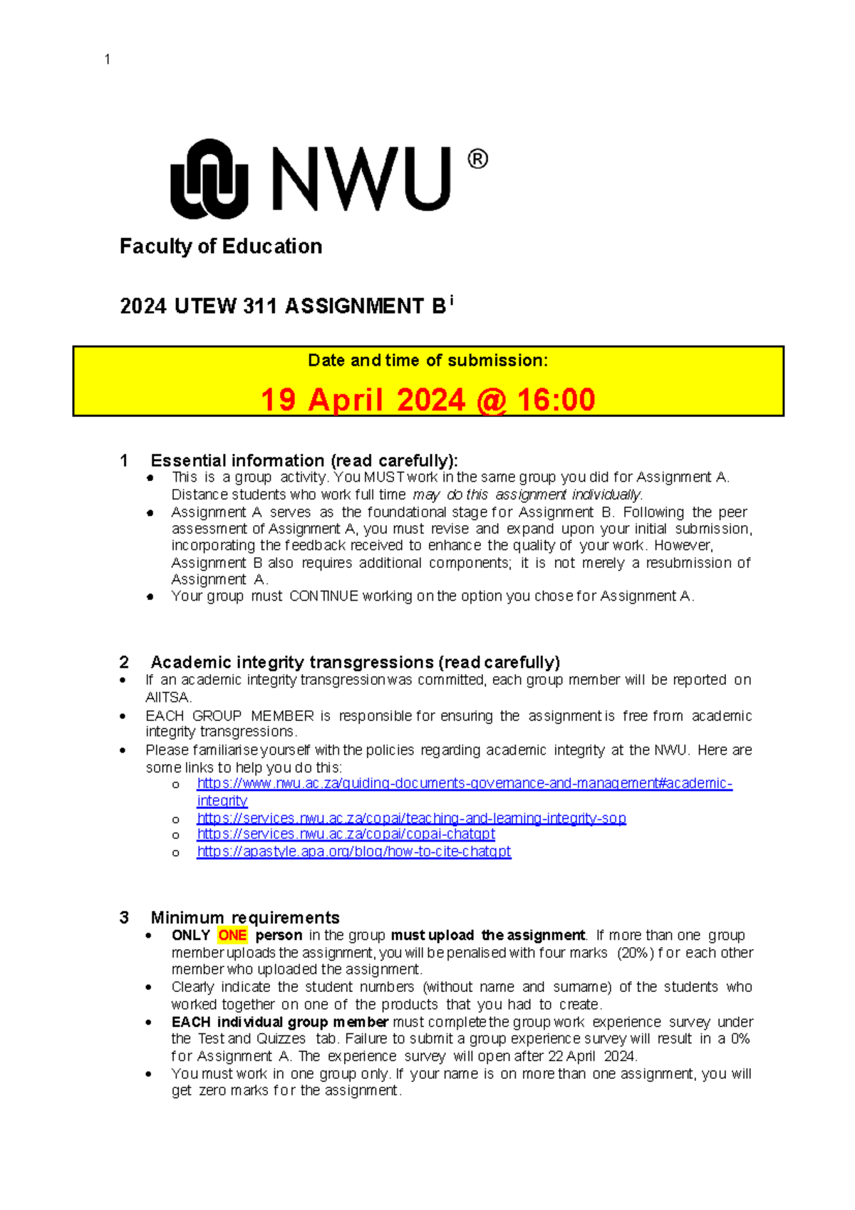 2024 UTEW 311 Assignment B instructions - Faculty of Education 2024 ...