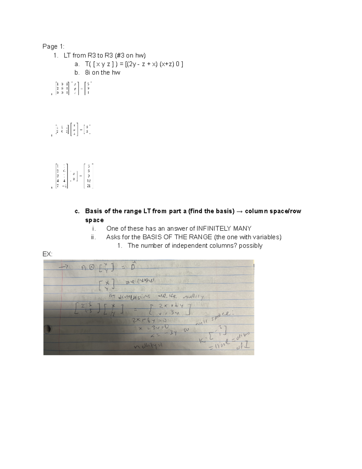 Math Guide 3 - Page 1: 1. LT from R3 to R3 (#3 on hw) a. T( [ x y z ...