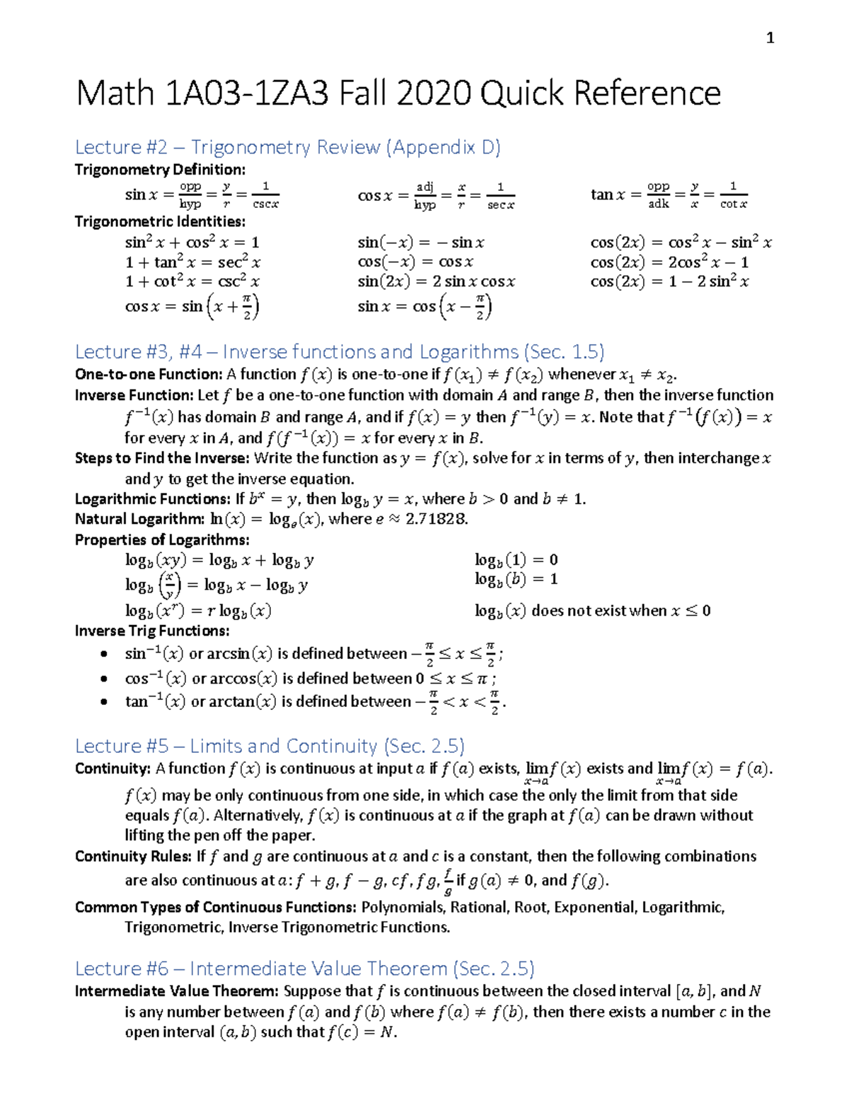 MATH 1ZA3 - Lecture Summaries 1 1 - Math 1A03-1ZA3 Fall 2020 Quick ...