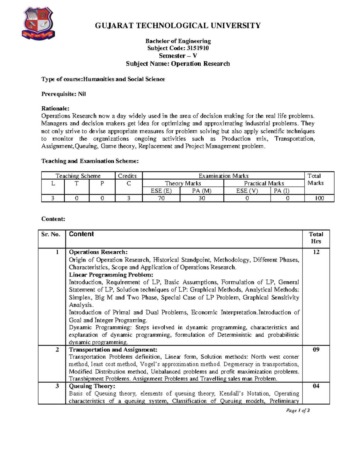 OR Syllabus Practice Material GUJARAT TECHNOLOGICAL UNIVERSITY
