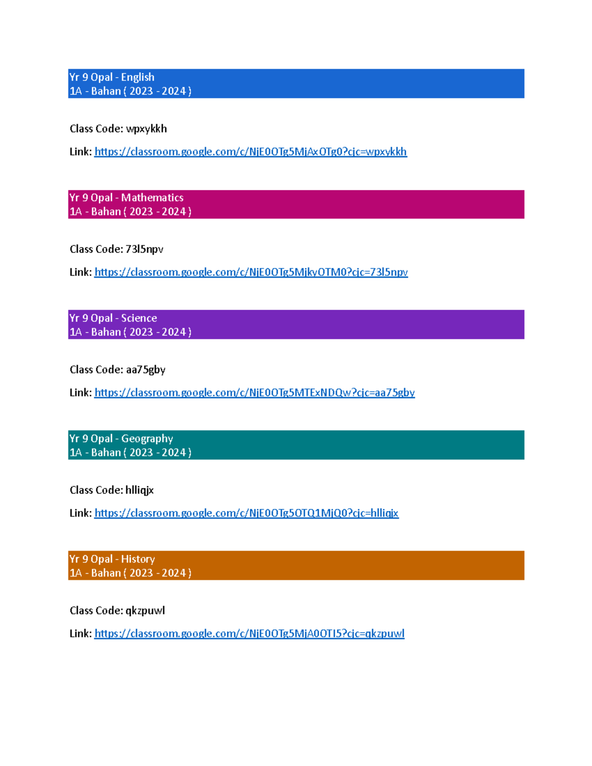 Yr 9 Opal Google Classroom Codes - Yr 9 Opal - English 1A - Bahan ...