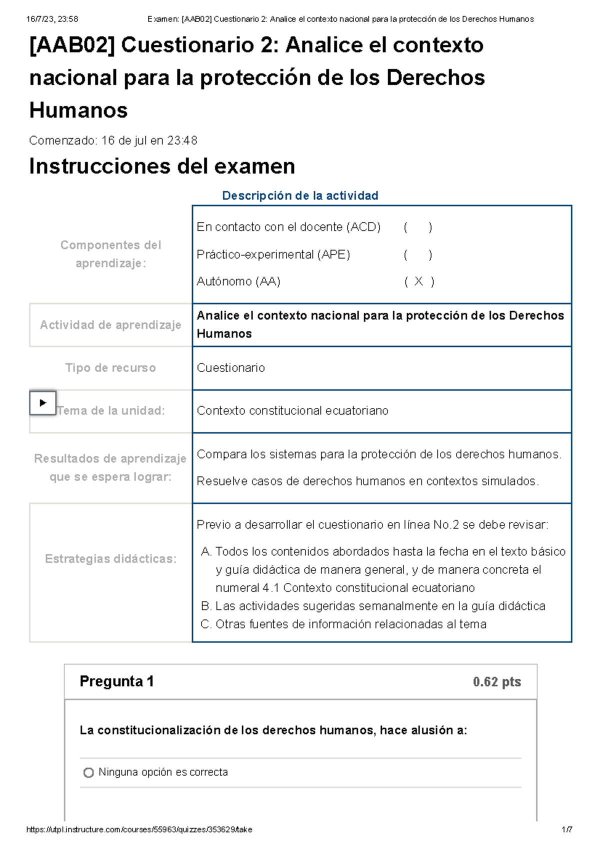 Examen [AAB02] Cuestionario 2 Analice el contexto nacional para la protección de los Derechos ...