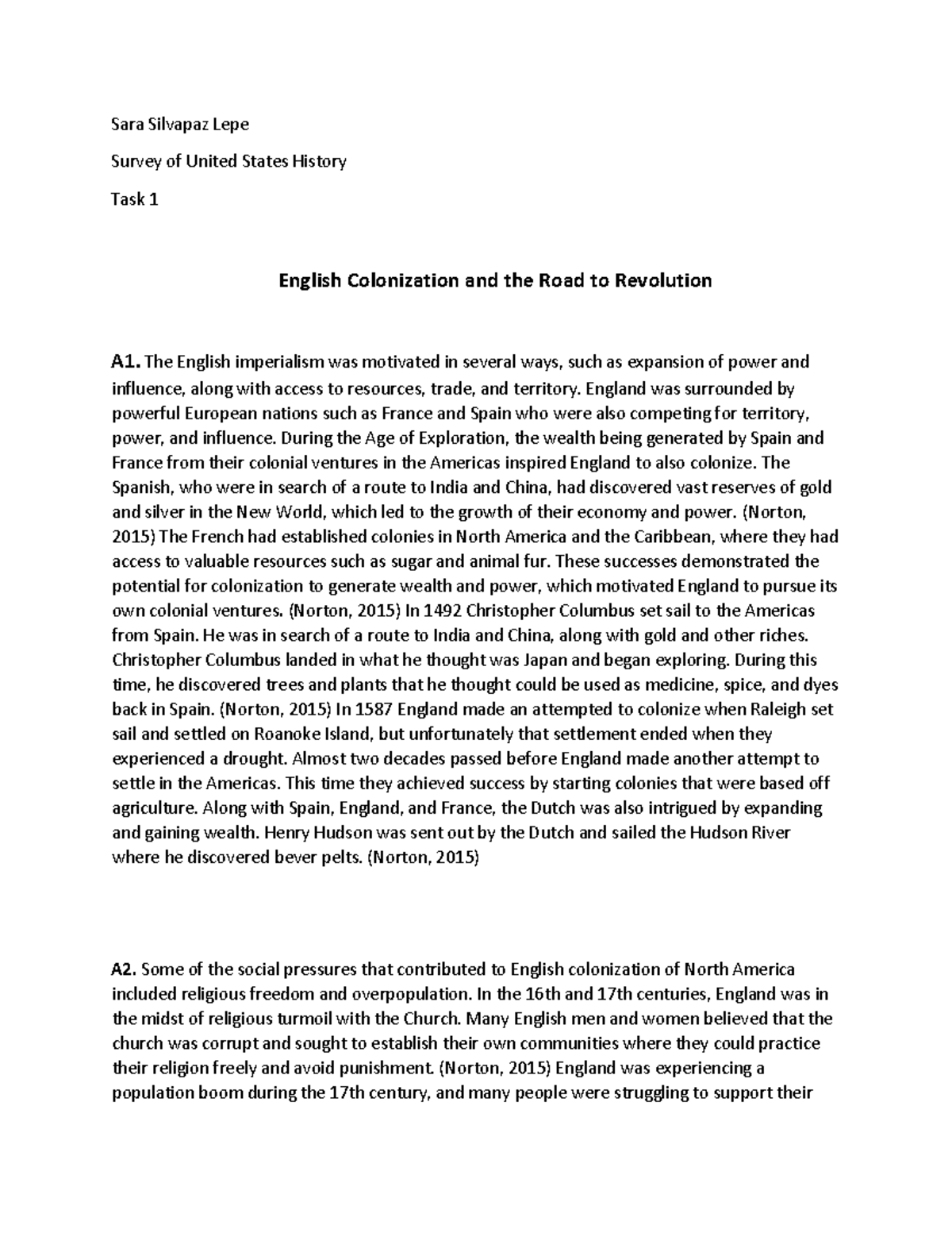 Task 1 - English Colonization - Sara Silvapaz Lepe Survey of United ...