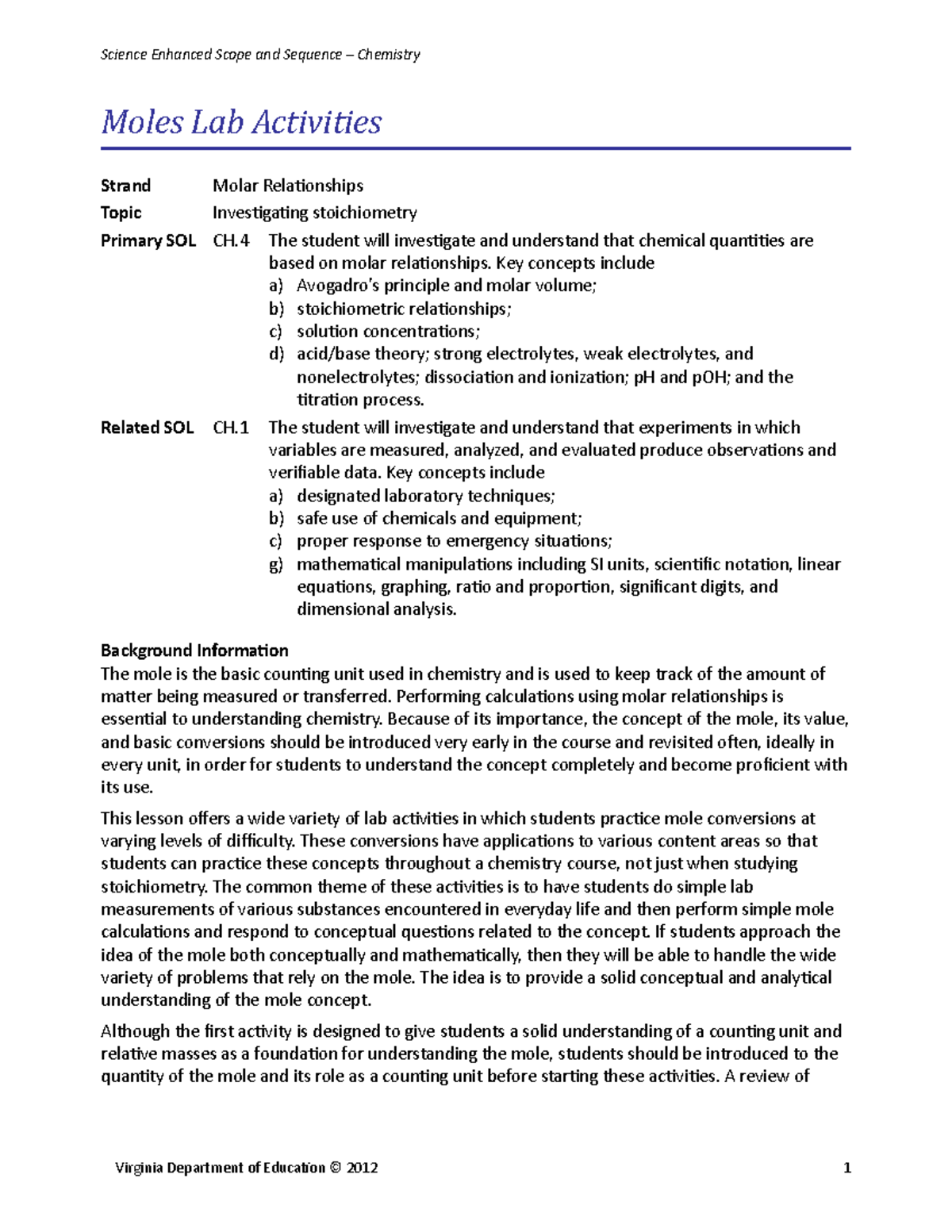 Chemistry Moles Lab Activities - Studocu