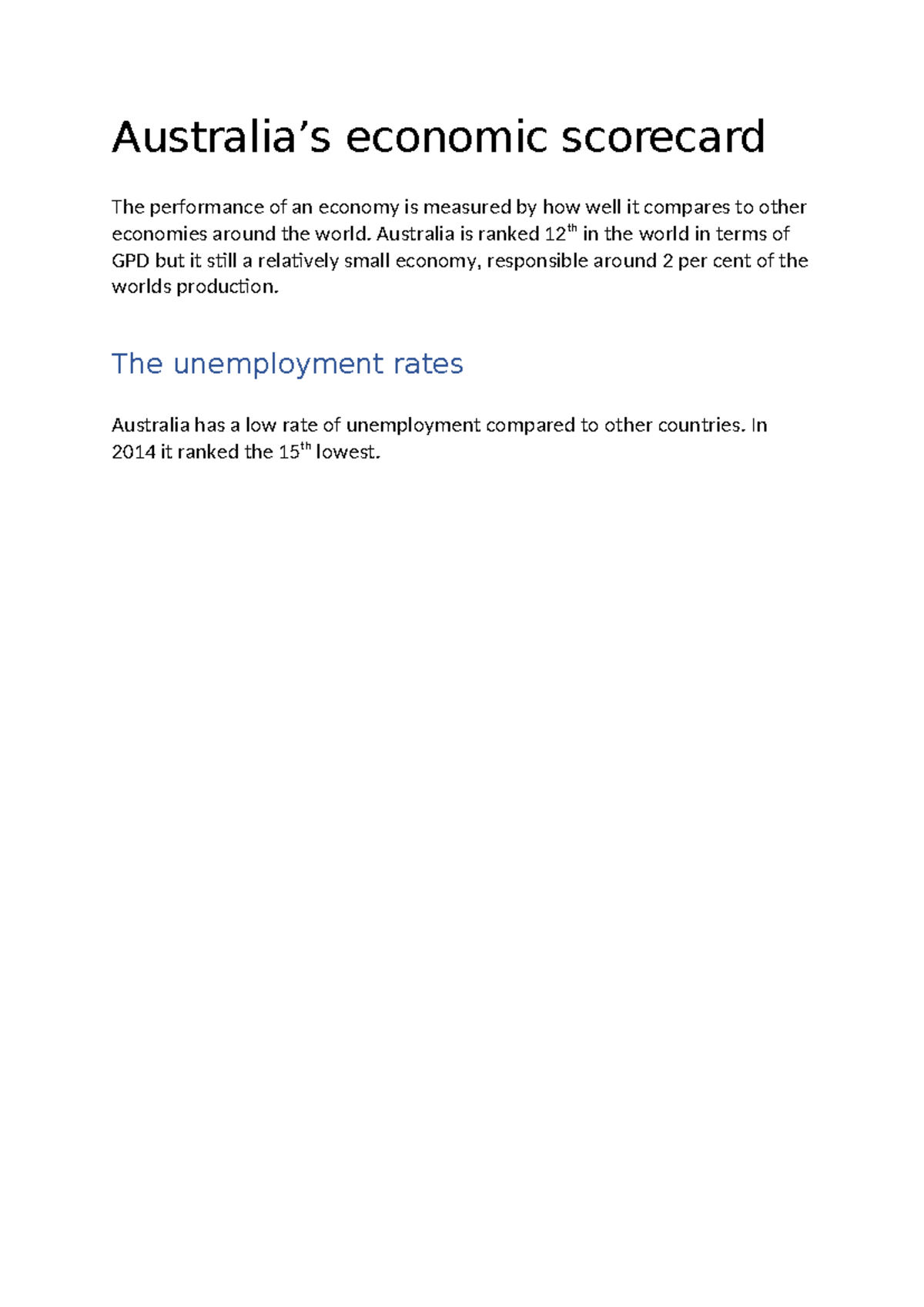 Australia's economic scorecard - Australia’s economic scorecard The ...