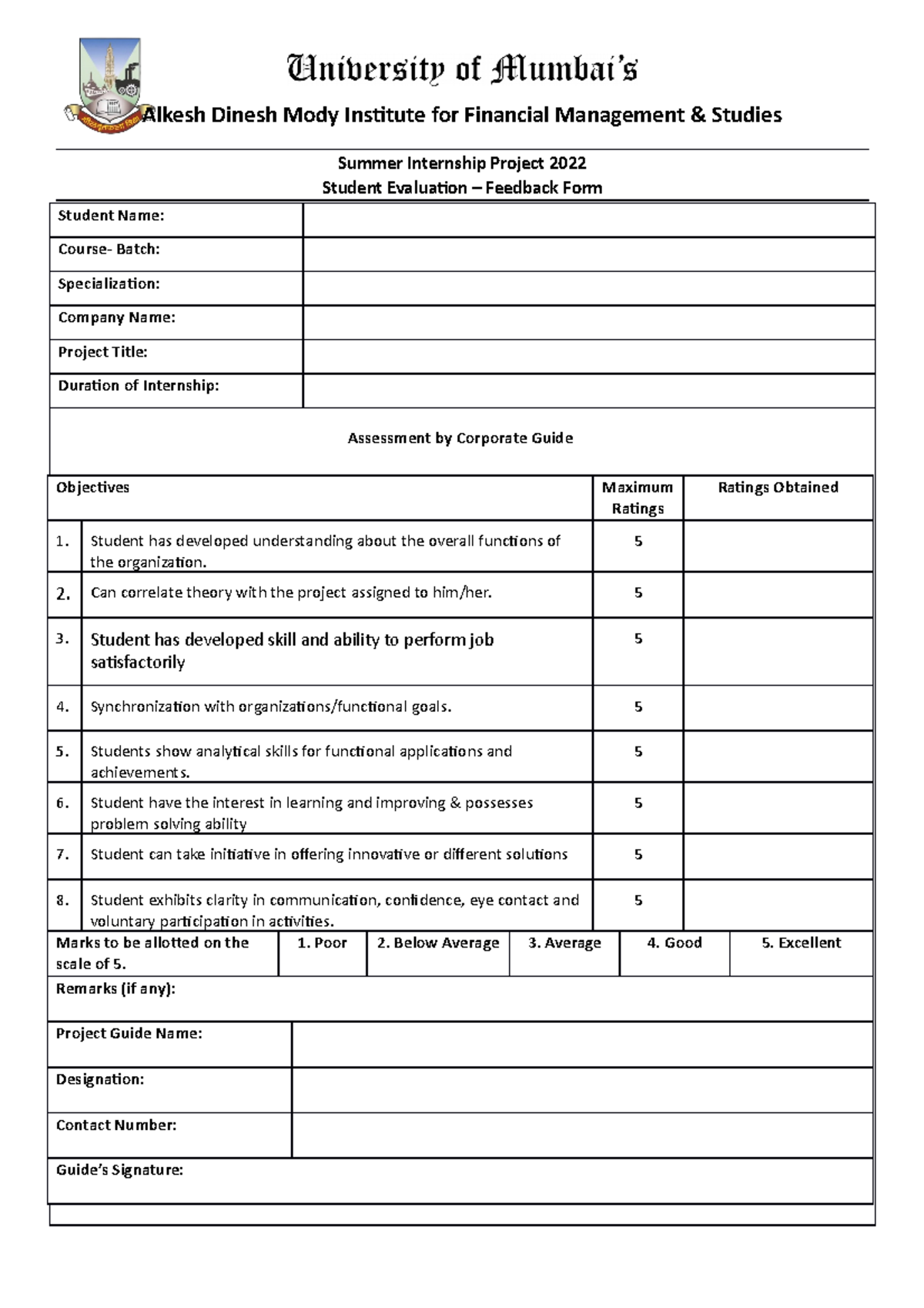 Summer Internship Feedback Form - Alkesh Dinesh Mody Institute for ...