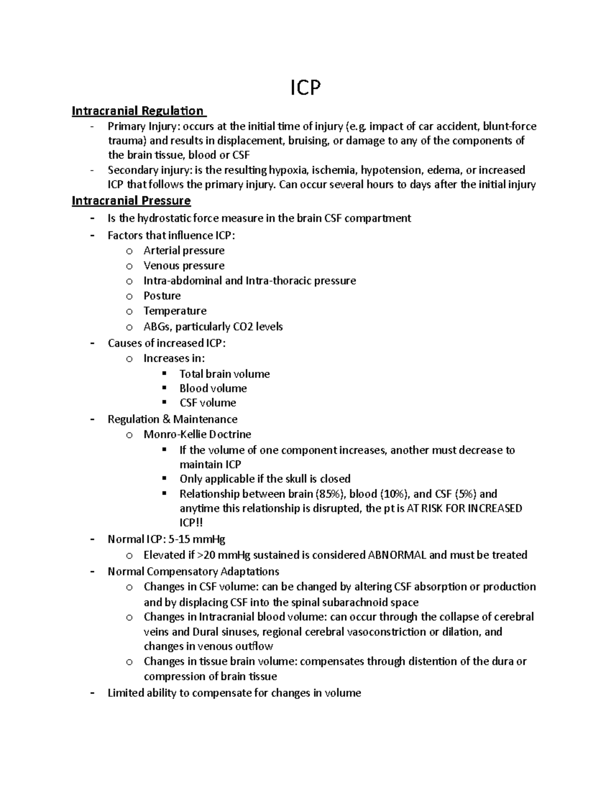 ICP - Intracranial pressure lecture notes from class and text book ...