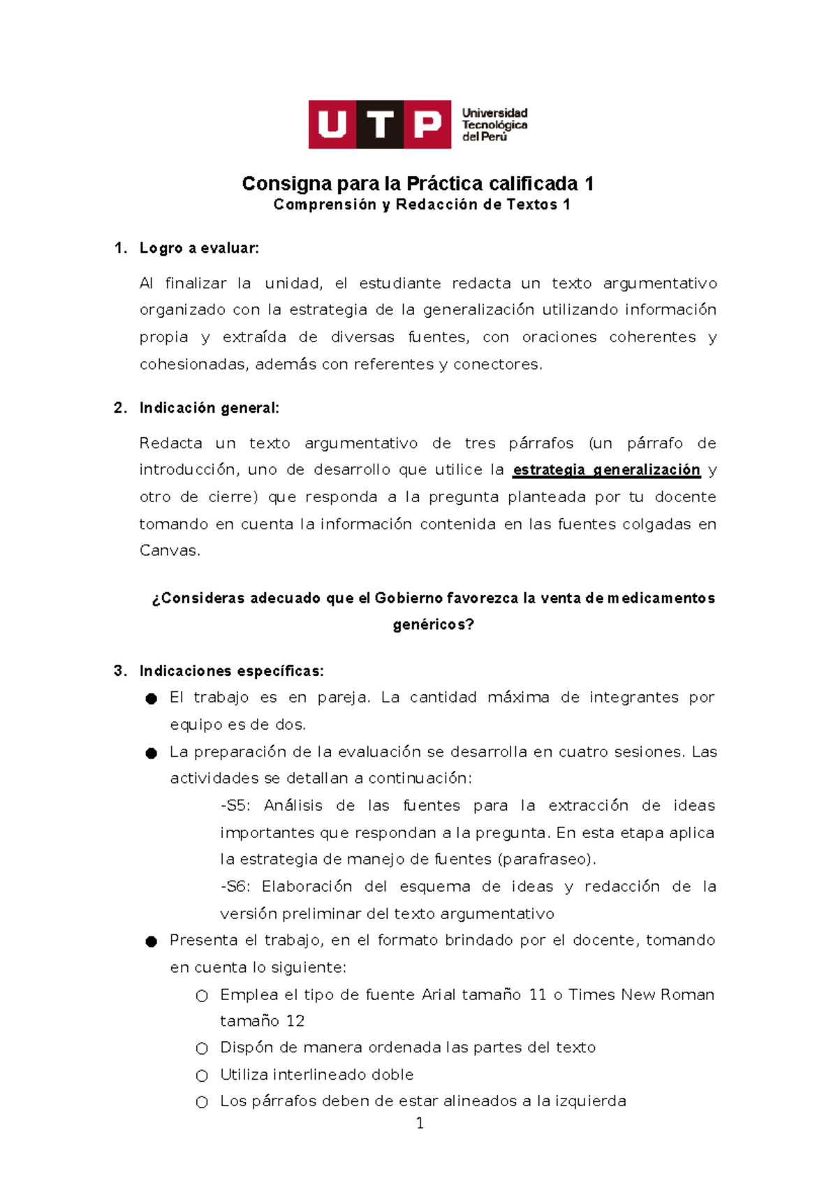 A01L PC1Consigna 22C2A Redacción - Consigna para la Práctica calificada 1 Comprensión y ...
