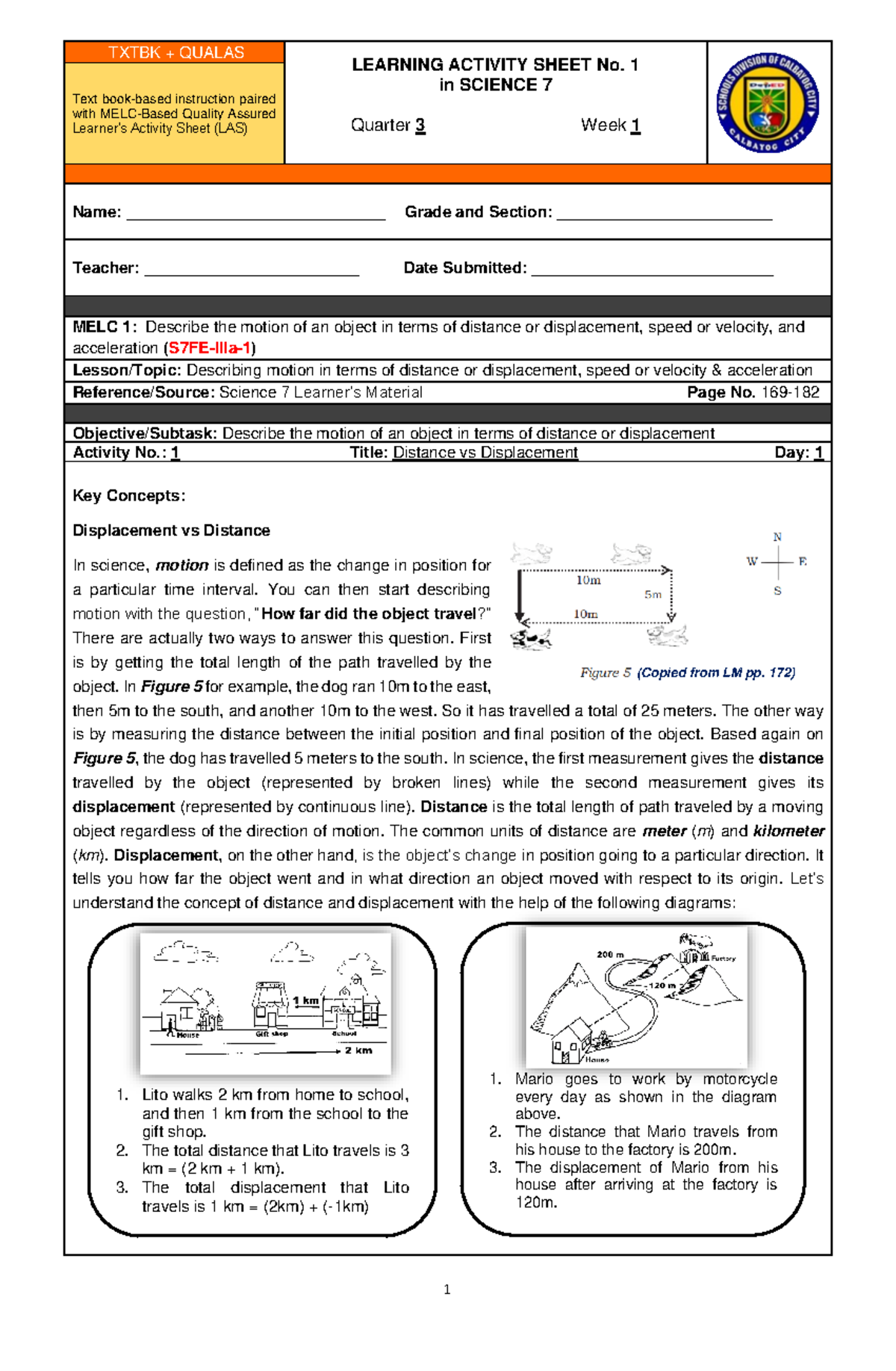 LAS1 Q3 Describing motion - TXTBK + QUALAS LEARNING ACTIVITY SHEET No. 1 in SCIENCE 7 Quarter 3 ...