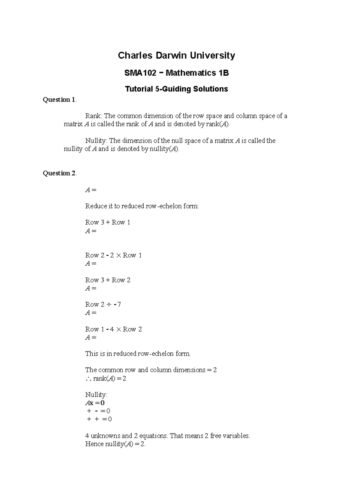 SMA102-Tutorial 5 solutions - Charles Darwin University SMA102 − ...