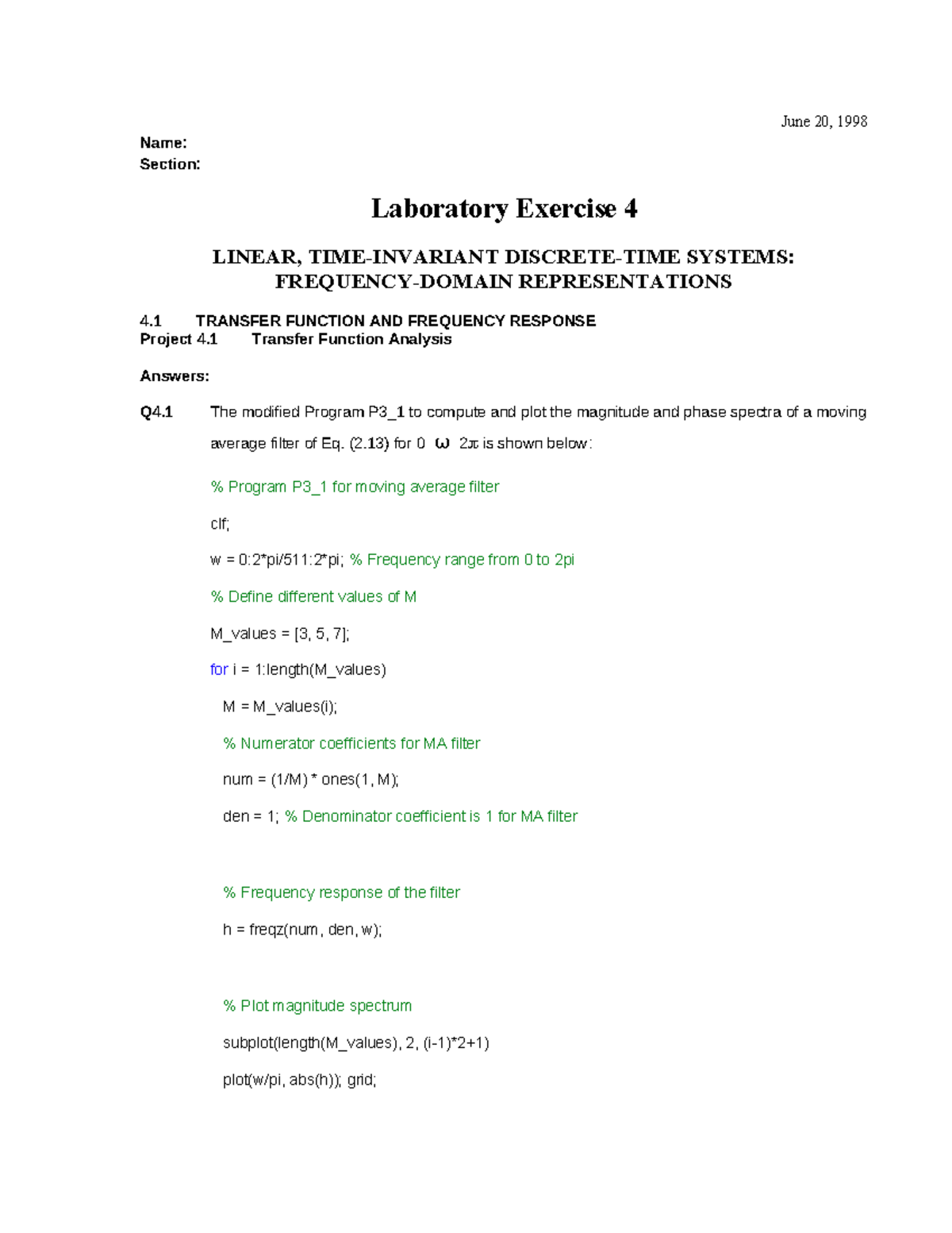 Labex 4 - TT Kiến trúc máy tính - June 20, 1998 Name: Section: Laboratory Exercise 4 LINEAR ...