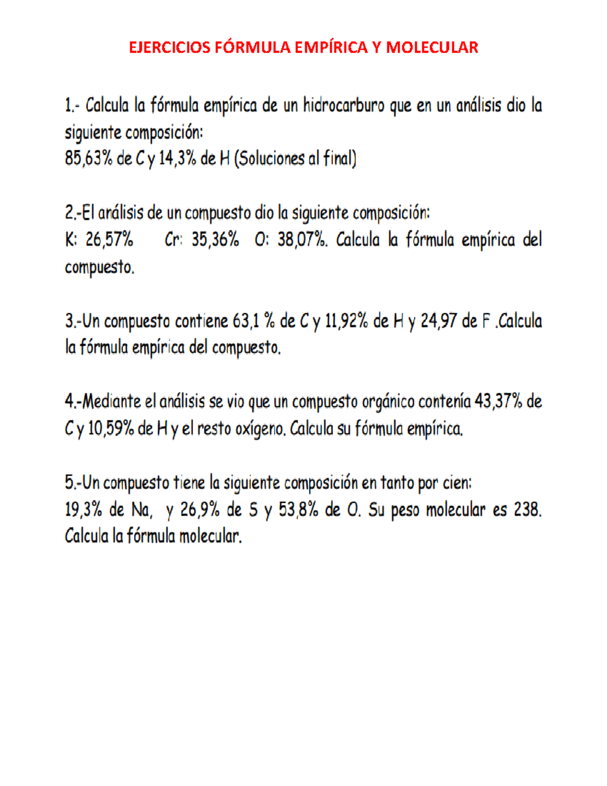 Ejercicios Fórmula Empírica Y Molecular - quimica - EJERCICIOS FÓRMULA EMPÍRICA Y MOLECULAR ...