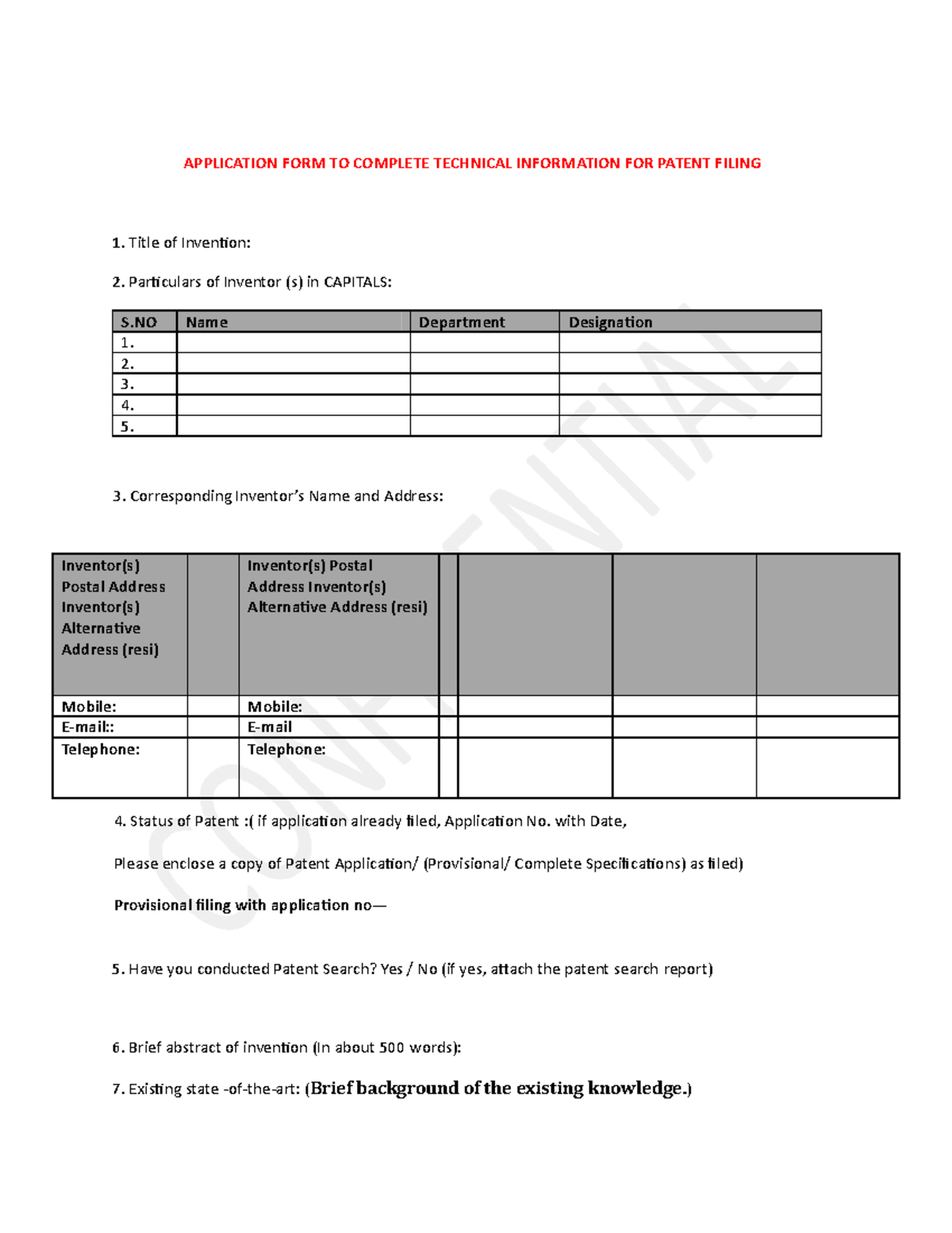 PIE FORM - pie form - Corresponding Inventor’s Name and Address: Status ...