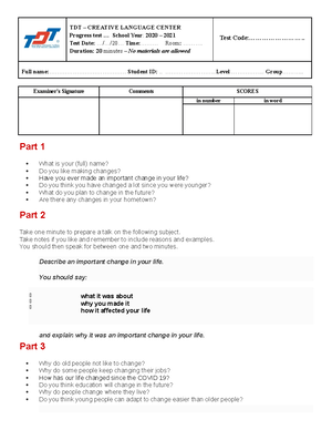 Writing test sample 1 - nói - TDT – CREATIVE LANGUAGE CENTER Progress ...