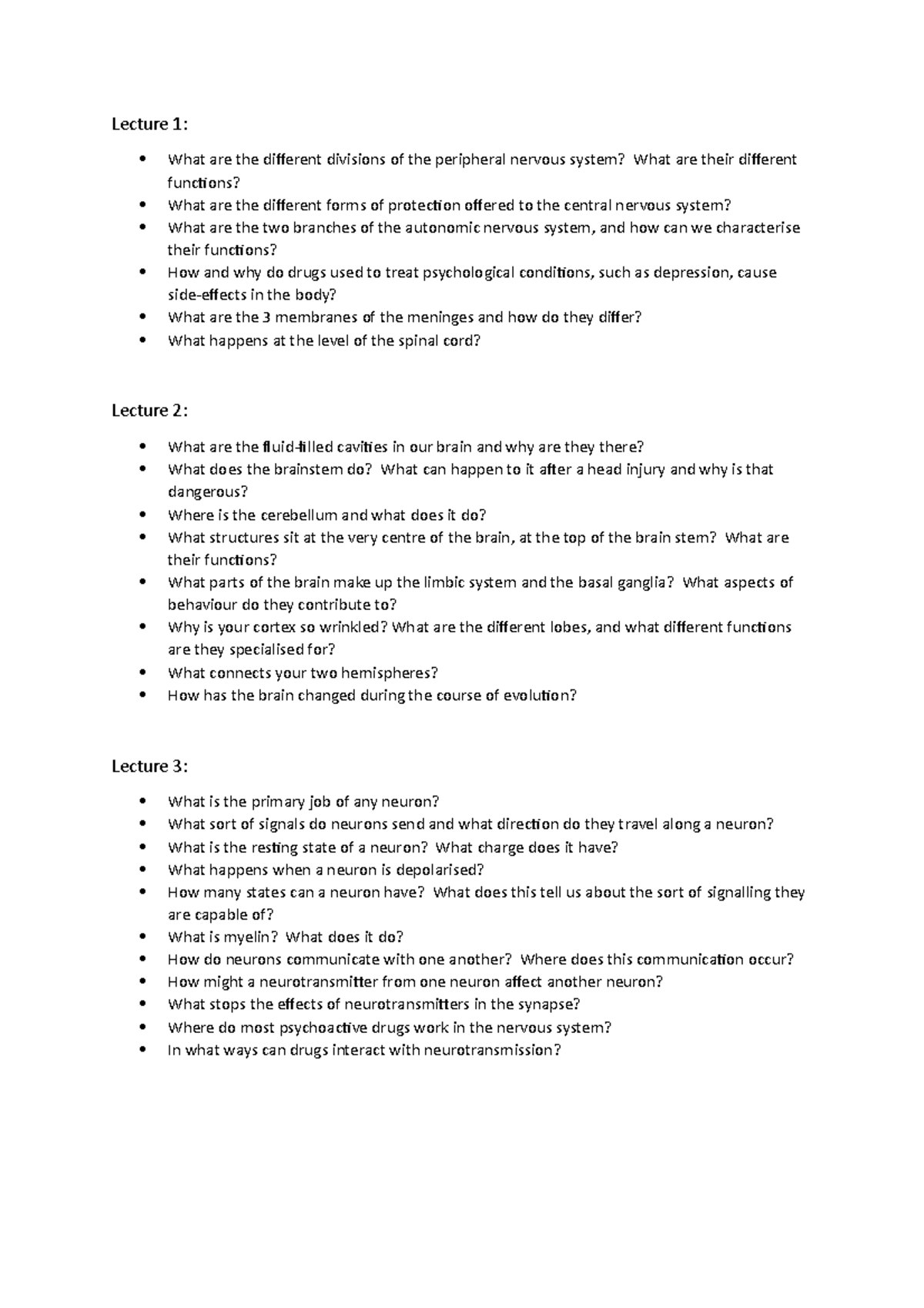 Neuroscience Study Questions - Lecture 1: What are the different ...