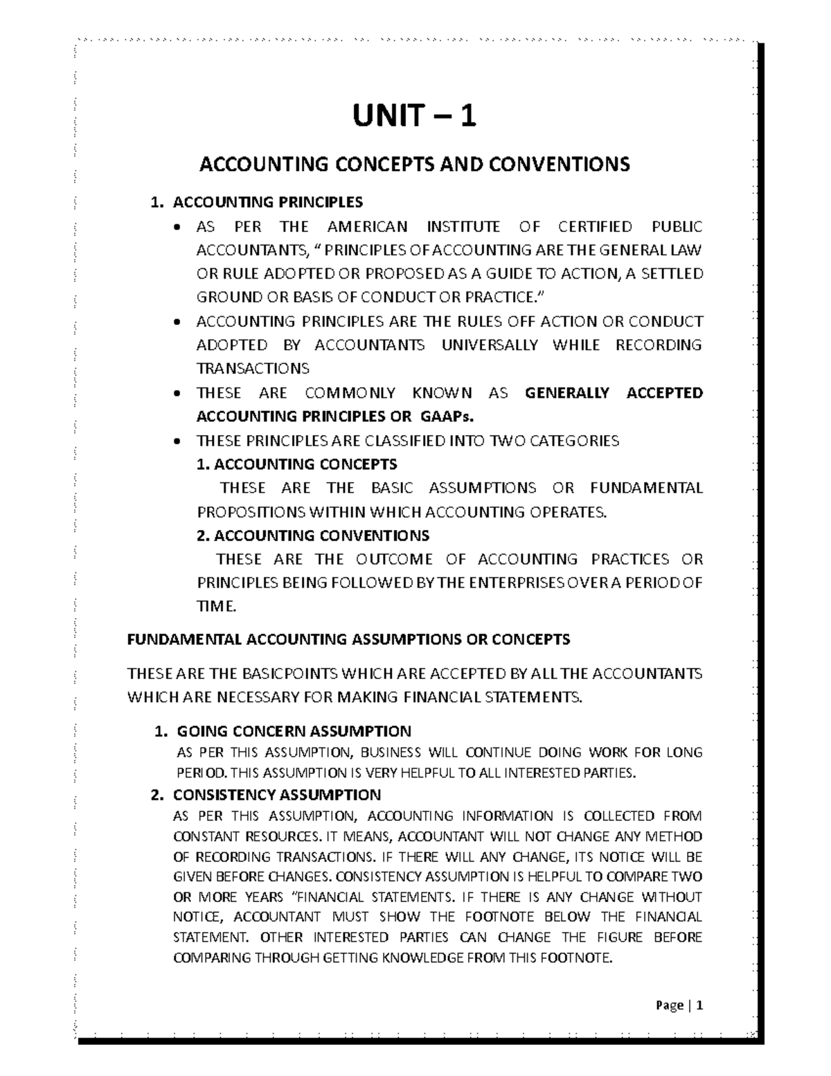 Account Notes - Good - UNIT – 1 ACCOUNTING CONCEPTS AND CONVENTIONS ...