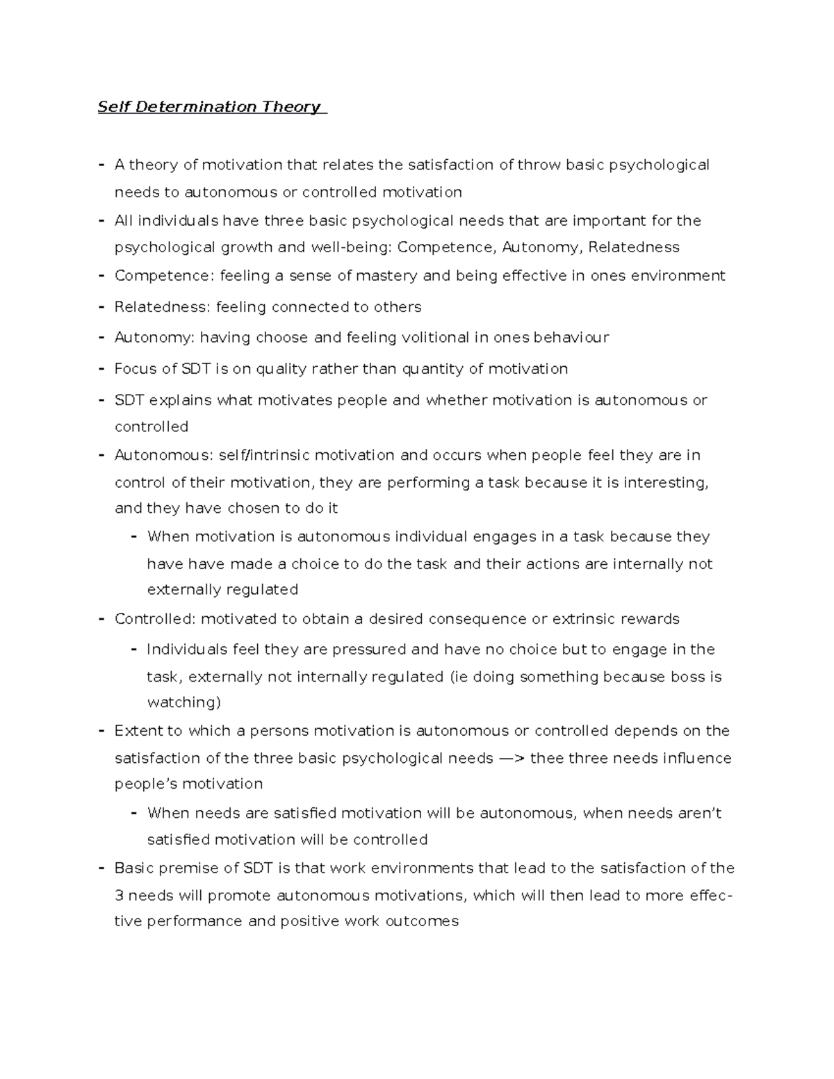 Midterm 2Extra Notes - Self Determination Theory - A theory of ...