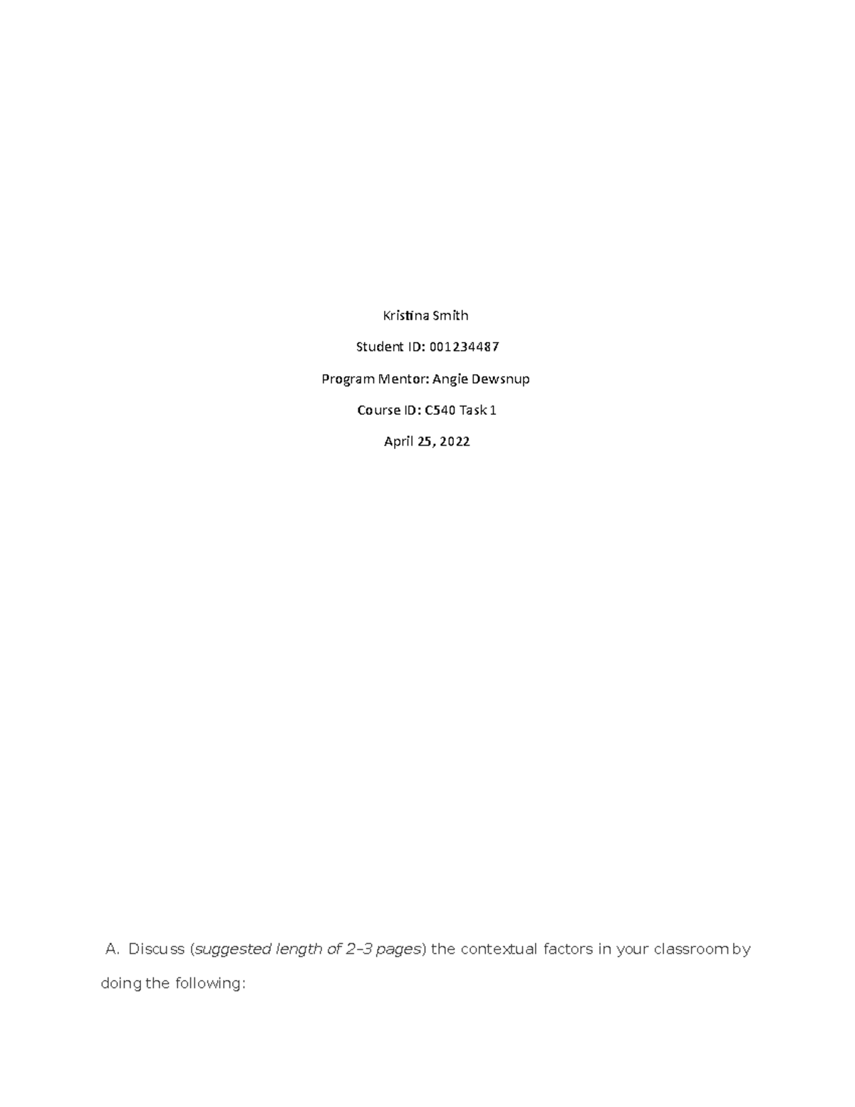 C540 Task 1 - Course tasks - Kristina Smith Student ID: 001234487 ...