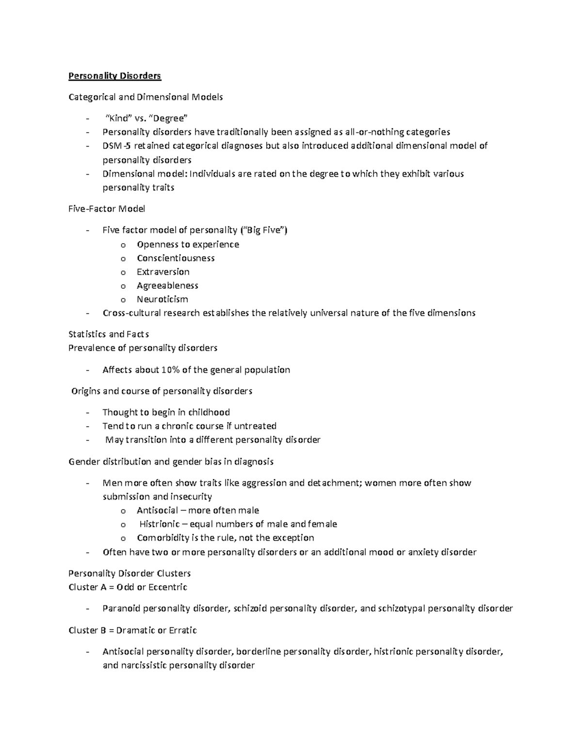 Abnormal Psych Final - Personality Disorders Categorical and ...