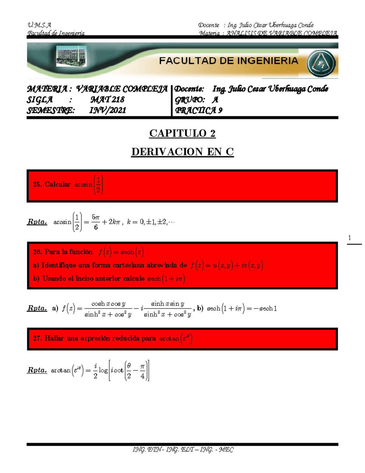 Practica 9 INV21 mat218 umsa ingenieria - U.M.S Docente : Ing. Julio César Uberhuaga Conde ...