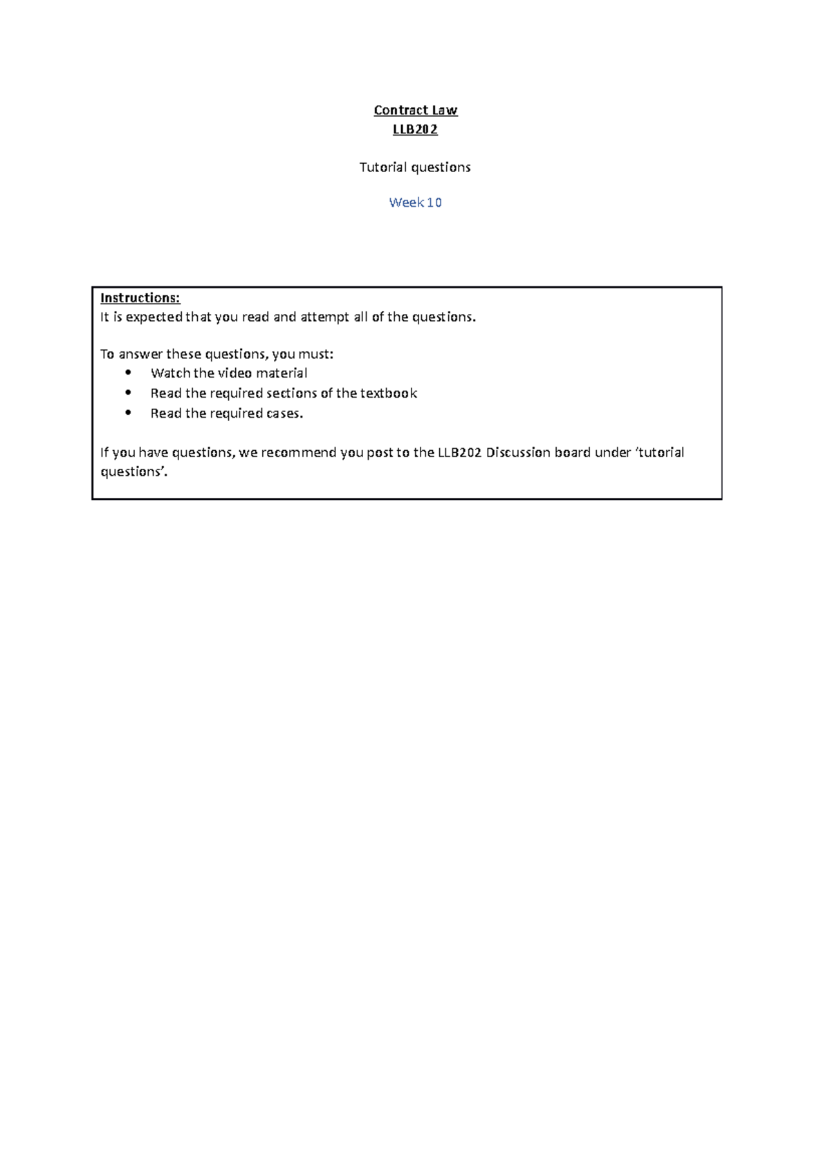LLB202 W10 Tutorial Questions - Contract Law LLB Tutorial questions ...