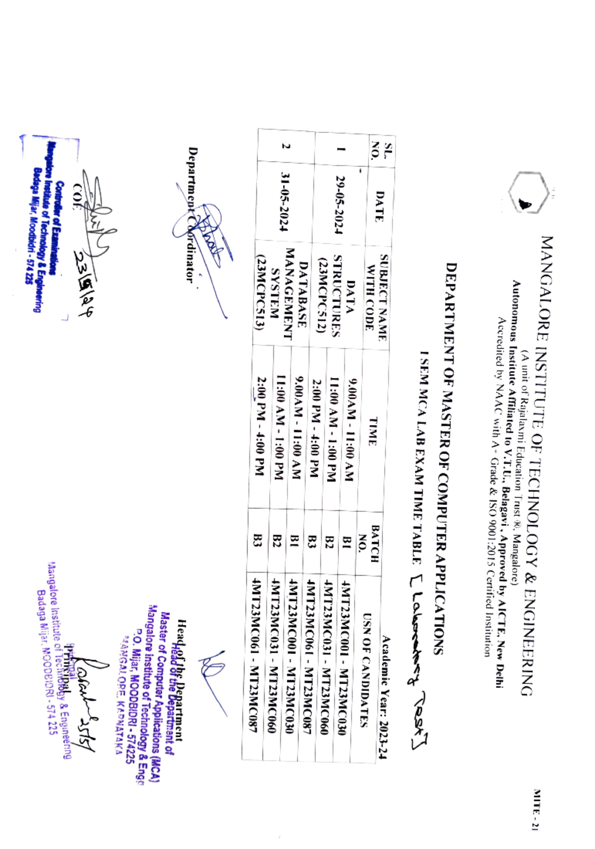 I Sem MCA 2023-25 Batch LAB Test Test Timetable - Badaga Mijar, 225 ...