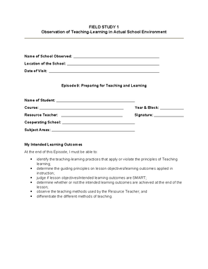 FS 1 LE 10 - LEARNING EPISODES - FIELD STUDY 1 Observation of Teaching ...
