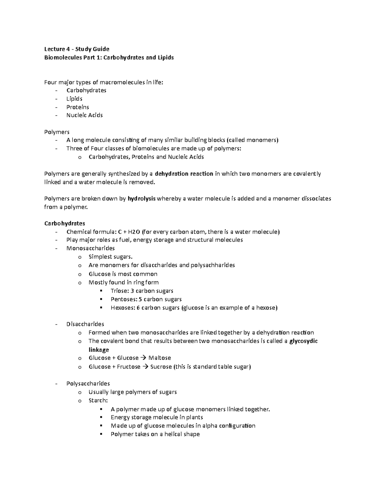 Lecture 4 Study Guide - Lecture 4 - Study Guide Biomolecules Part 1 ...