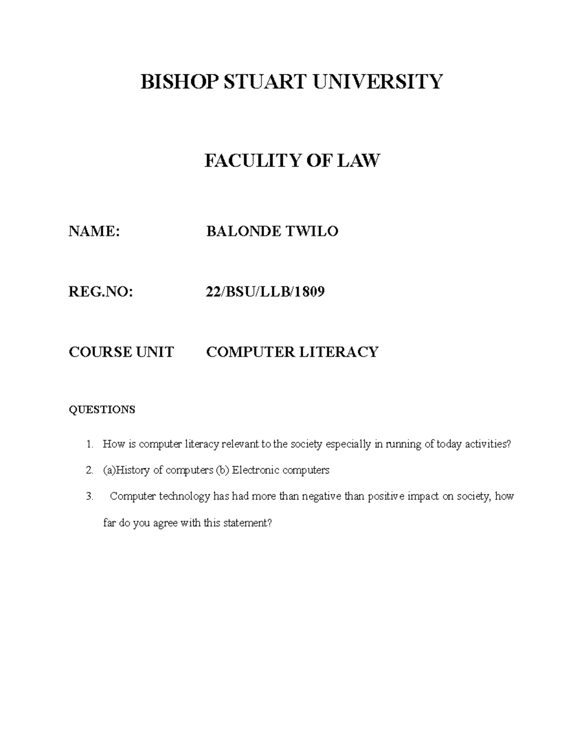 Balonde Twilo Computer Literacy - BISHOP STUART UNIVERSITY FACULITY OF ...